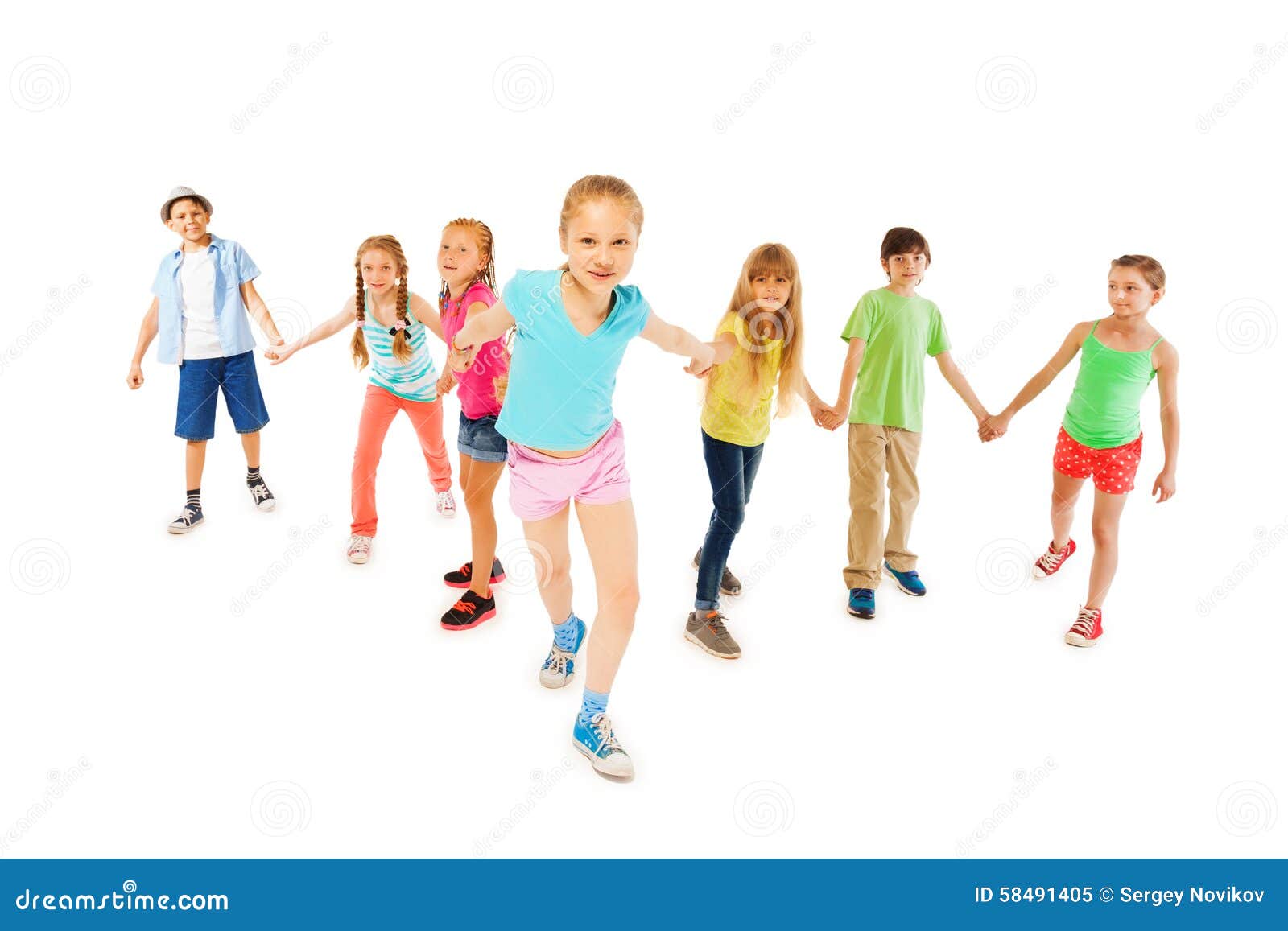 Girl Hold Hands with Many Friends and Pull Forward Stock Image - Image ...