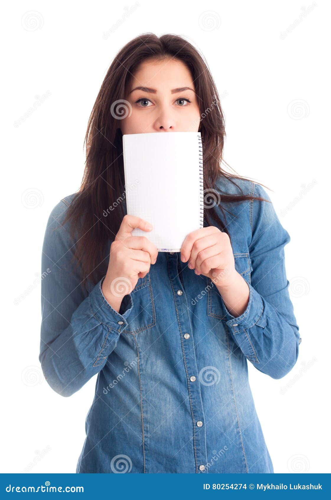 Girl Hold Notepad Near Face Isolated Stock Photo - Image of jeans ...
