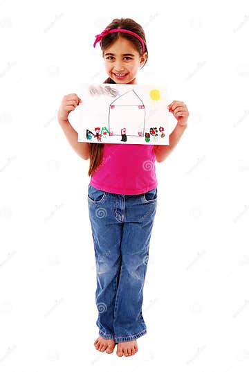 Girl holding drawing stock image. Image of child, homework - 12385343