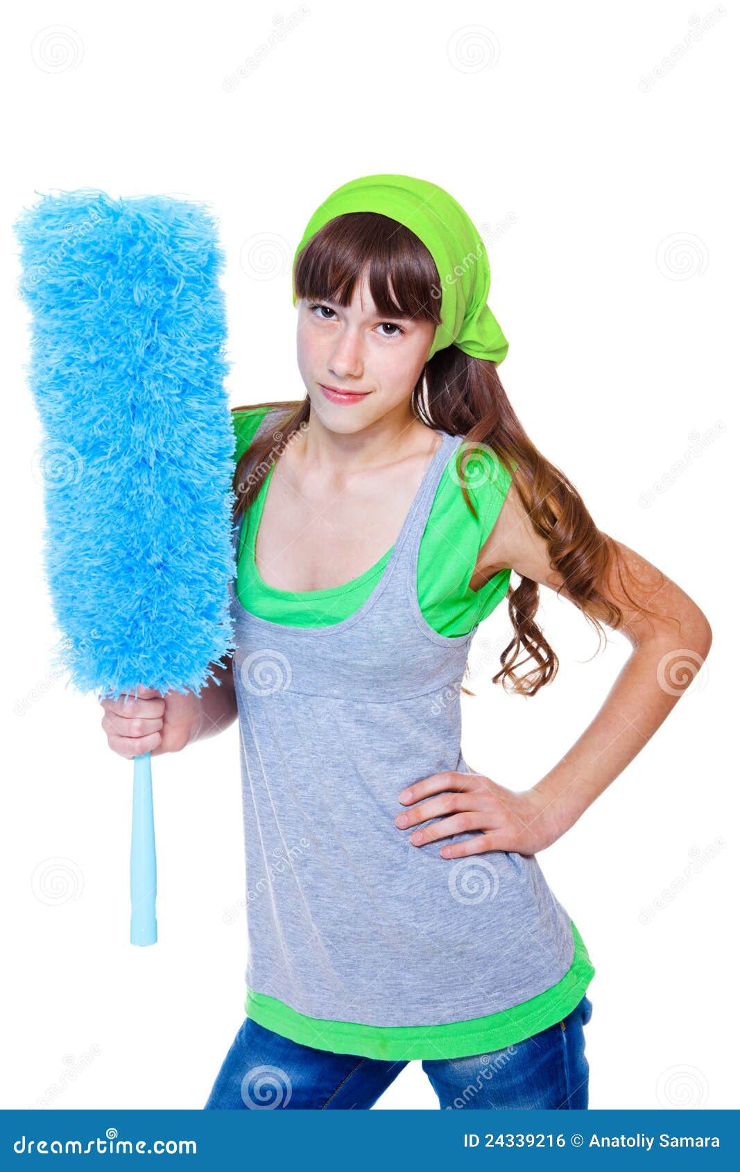Girl holding duster stock photo. Image of service, woman - 24339216