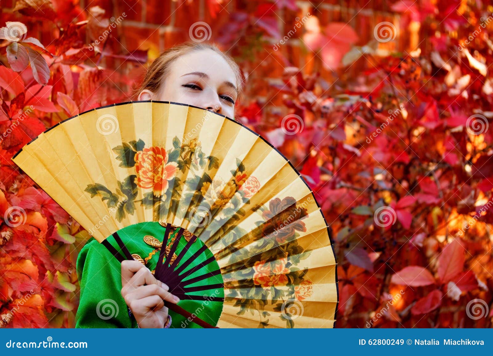 A girl holding a fan stock image. Image of leaves, national - 62800249