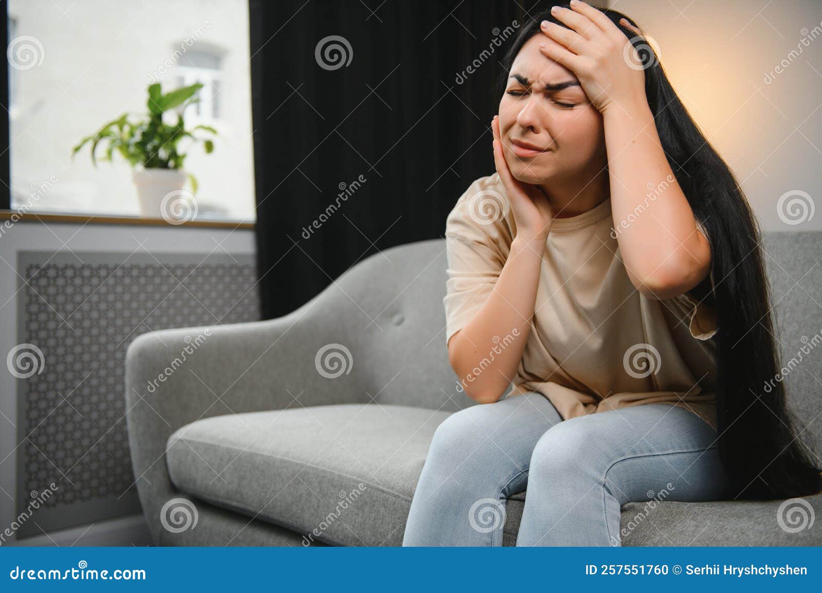Girl Holding Her Head Woman Has A Headache Sad Female Sitting On