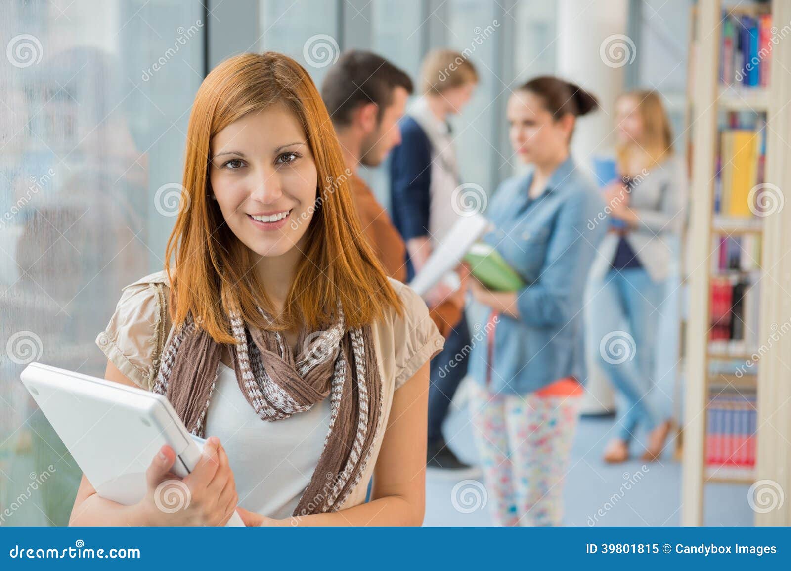Girl Holding Laptop in College Library Stock Image - Image of people ...