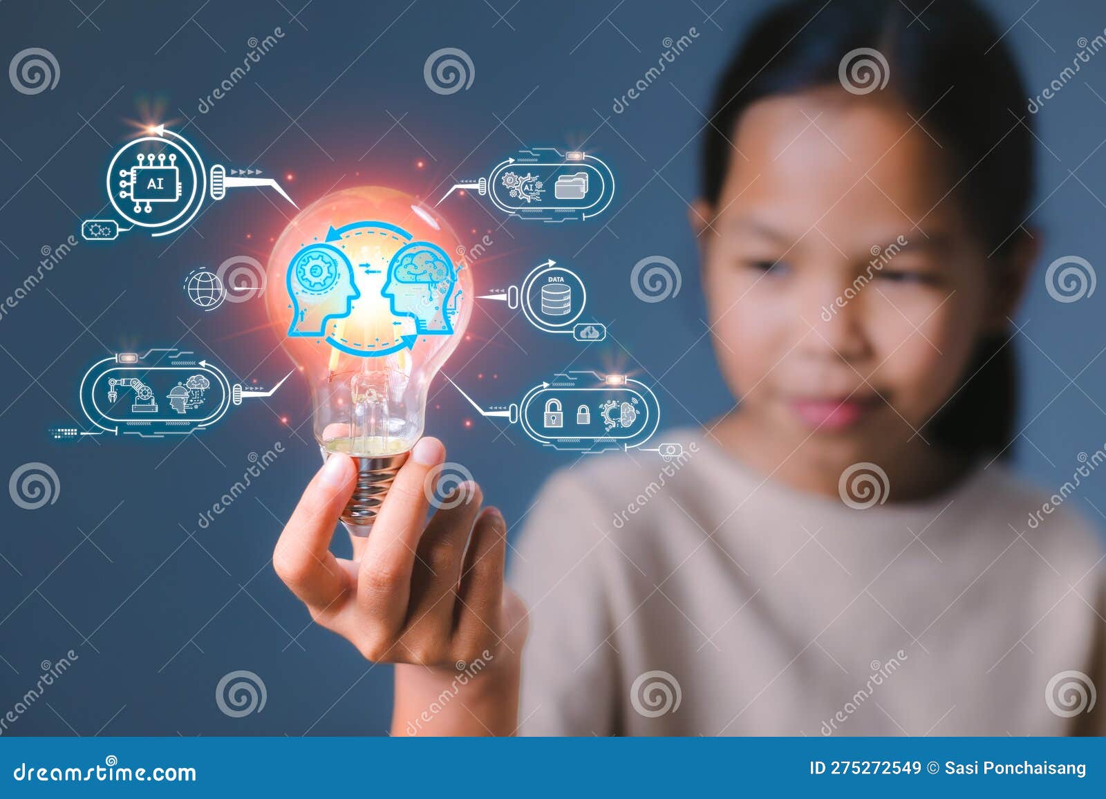 Girl Holding Light Bulb with Virtual Artificial Intelligence Machine ...