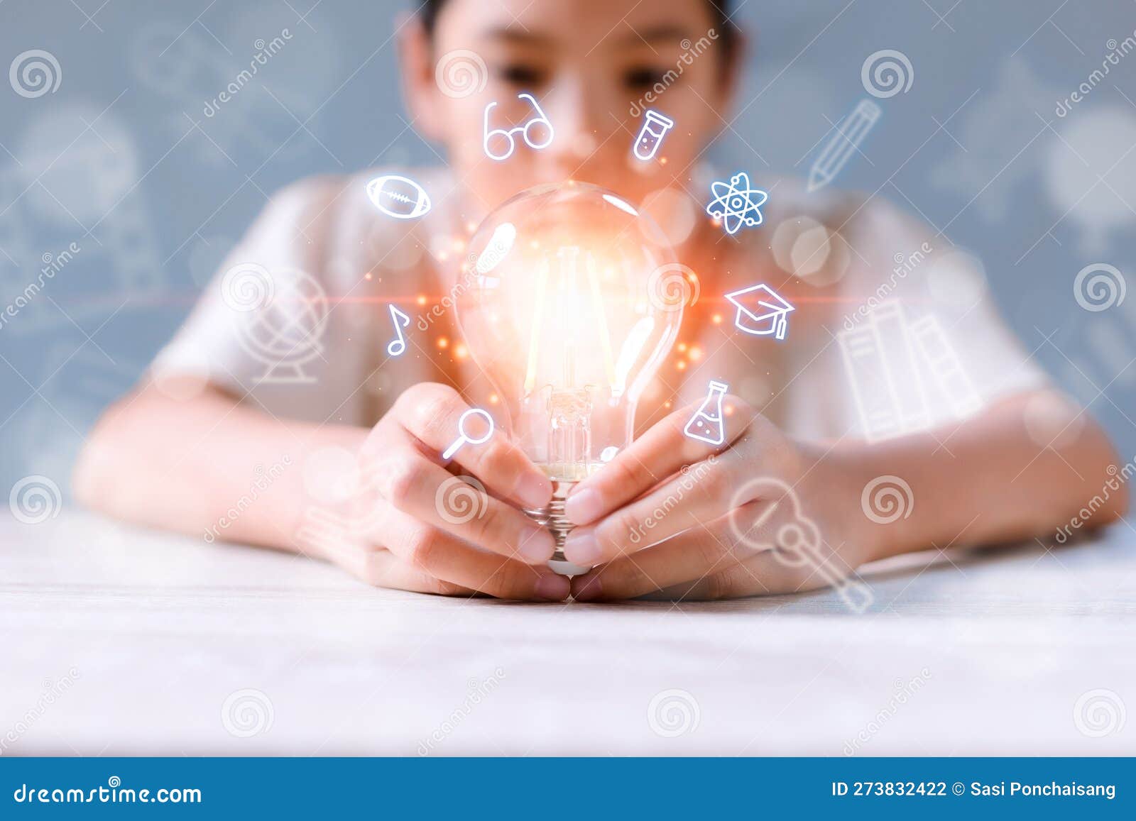 Girl Holding Light Bulb with Virtual Education Graduate Icon. E ...