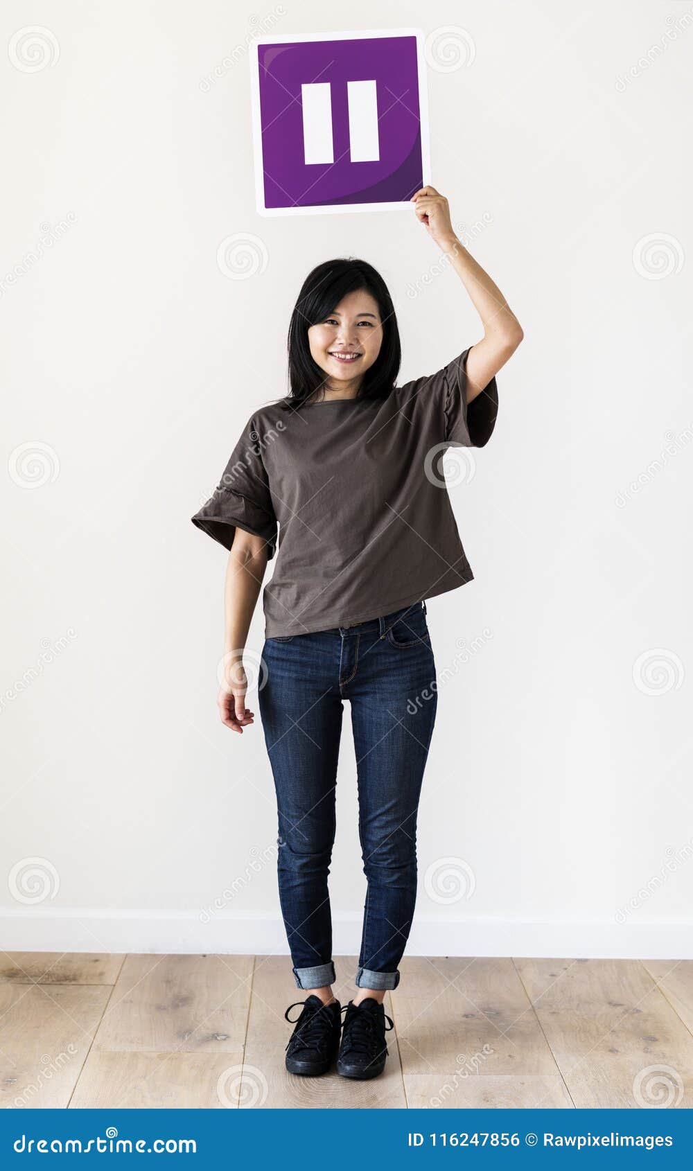 Girl Holding a Purple Pause Icon Stock Photo - Image of korean, leisure ...