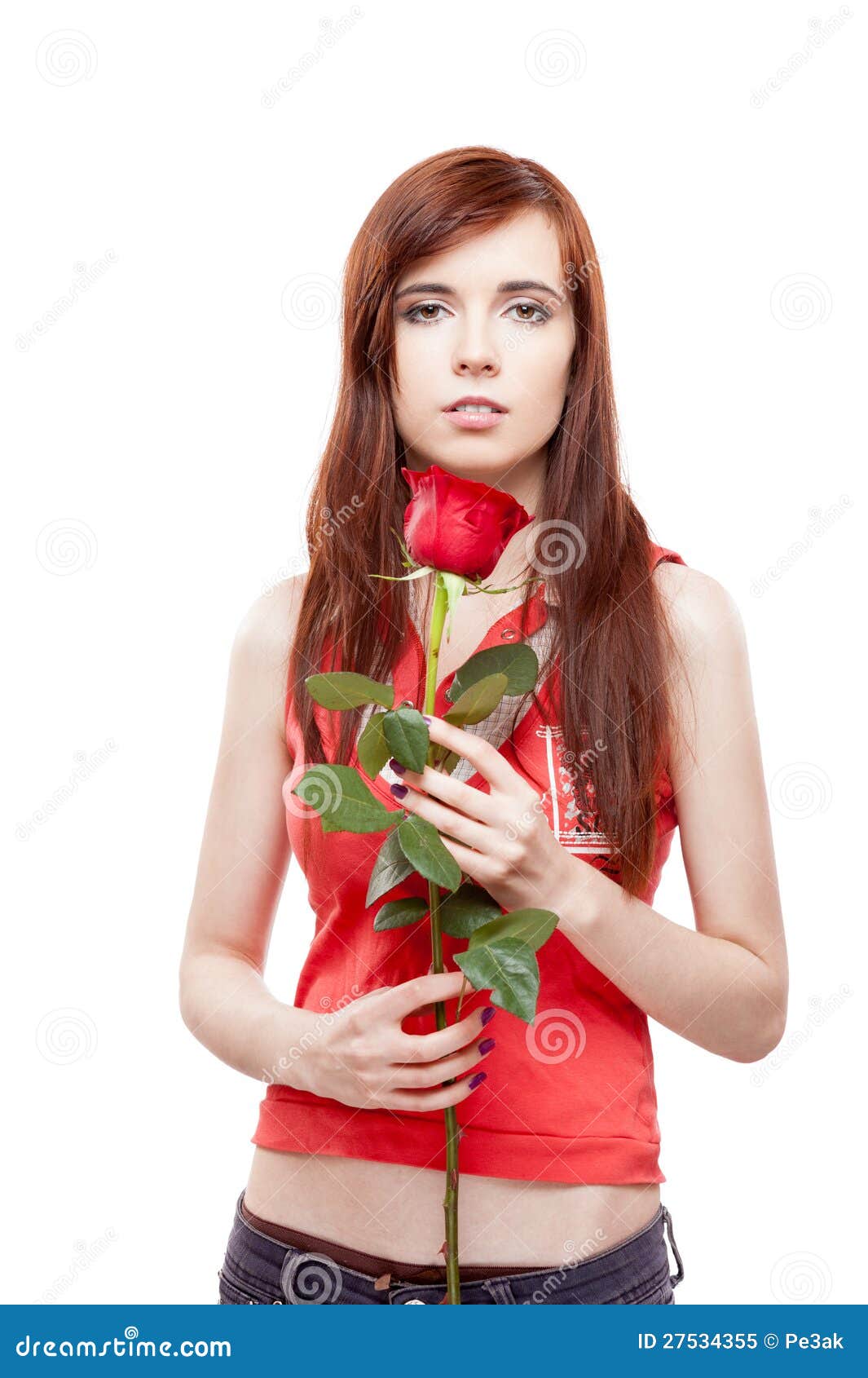 Girl holding red rose stock image. Image of indoors, face - 27534355