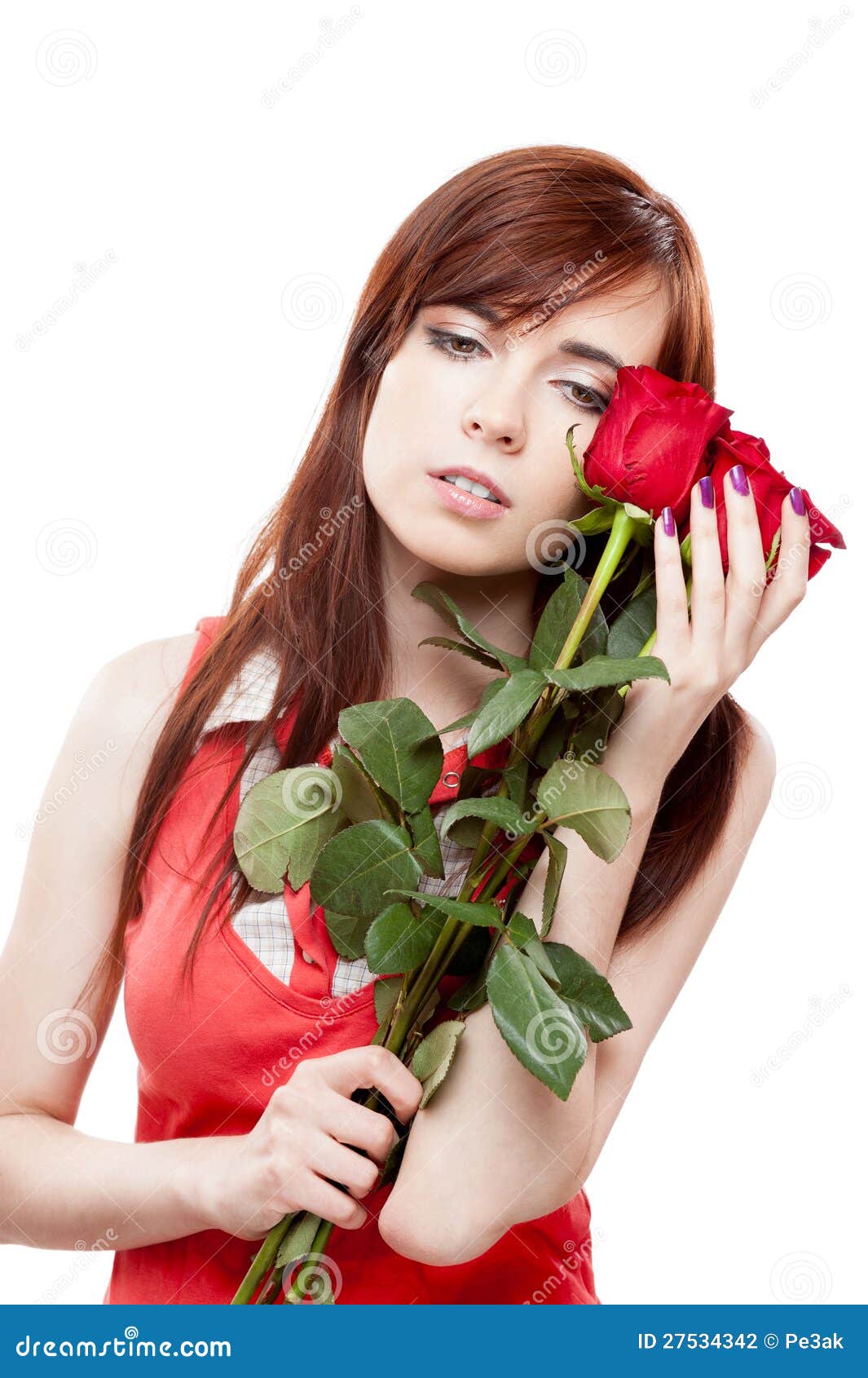 Girl holding red roses stock photo. Image of dark, hair - 27534342