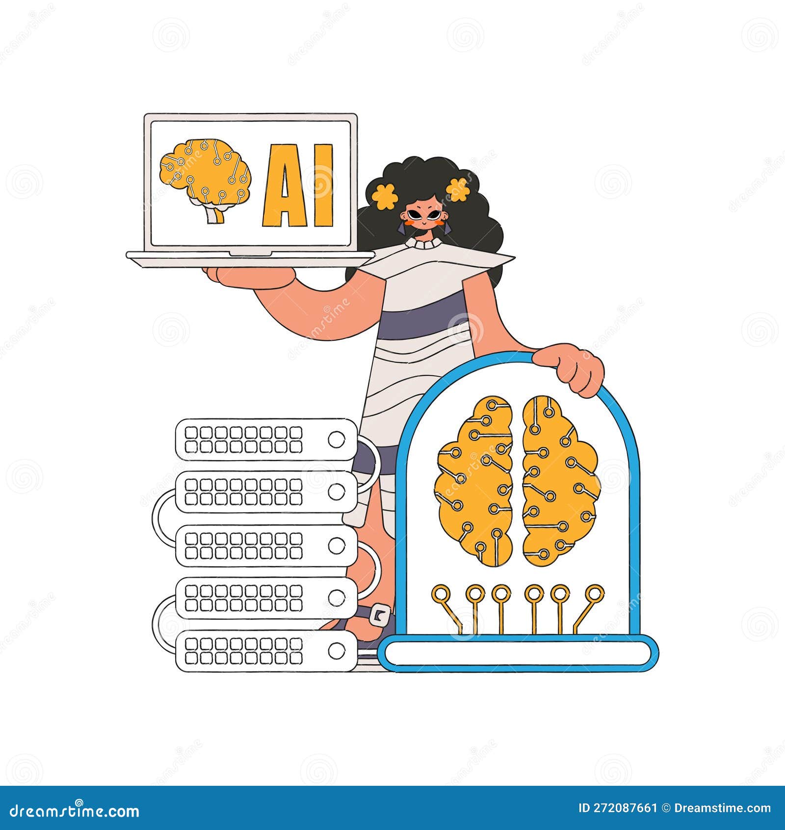 Girl Holding a Server Equipped with AI, Illustration in Vector Form ...
