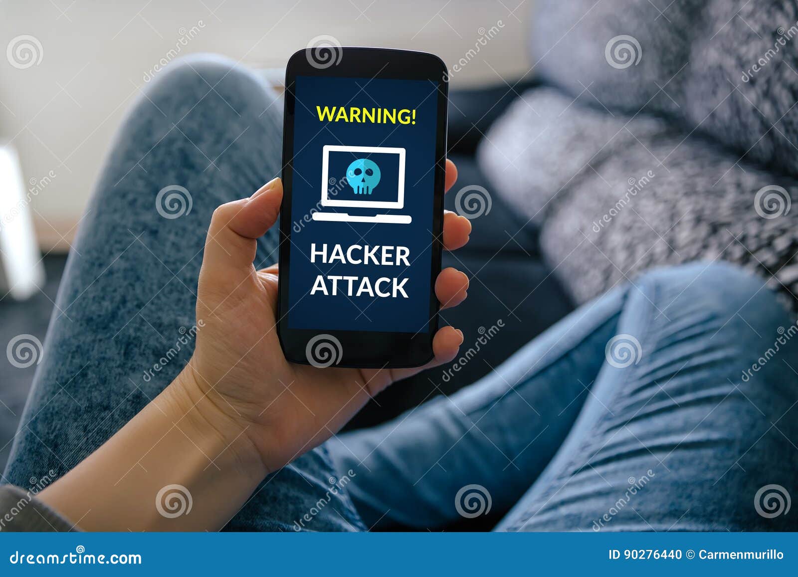 Girl Holding Smart Phone with Hacker Attack Concept on Screen Stock ...