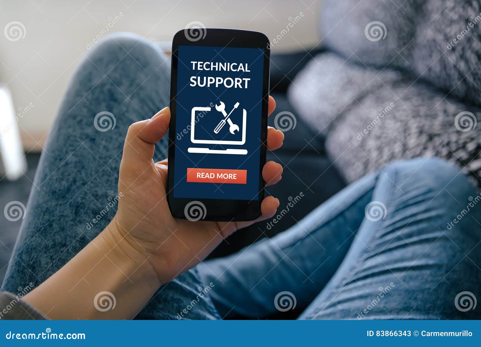 Girl Holding Smart Phone with Technical Support Concept on Scree Stock ...