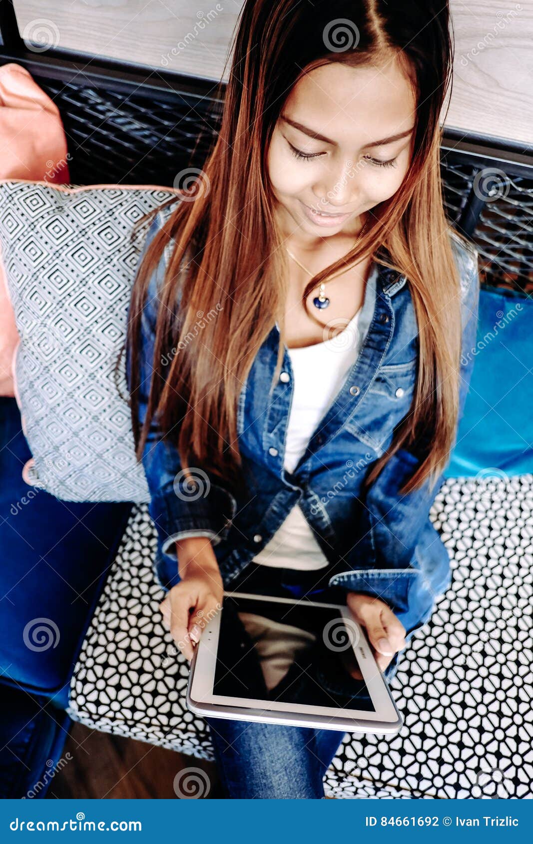 Girl Holding Tablet Computer in Her Hand Stock Photo - Image of ...