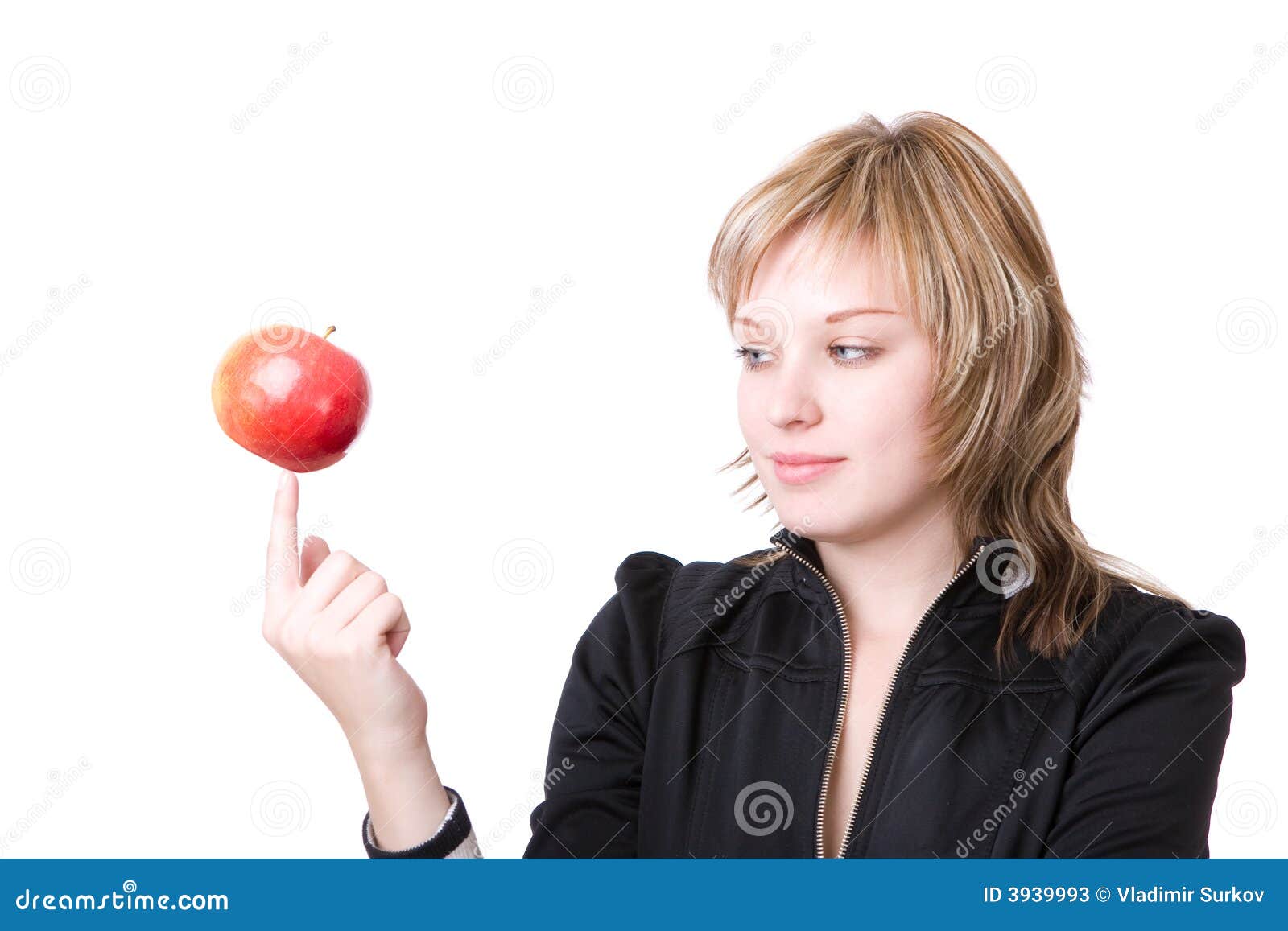 Girl Holds an Apple on a Finger Stock Image - Image of person, healthy ...