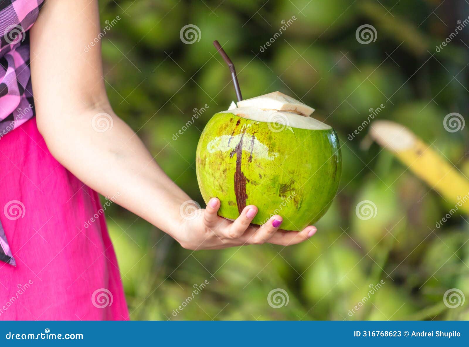 The Girl Holds a Coconut with a Straw in Her Hand Stock Image - Image ...