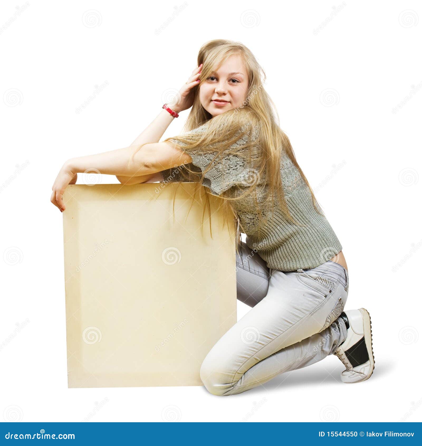 Girl holds empty poster stock photo. Image of advertising - 15544550