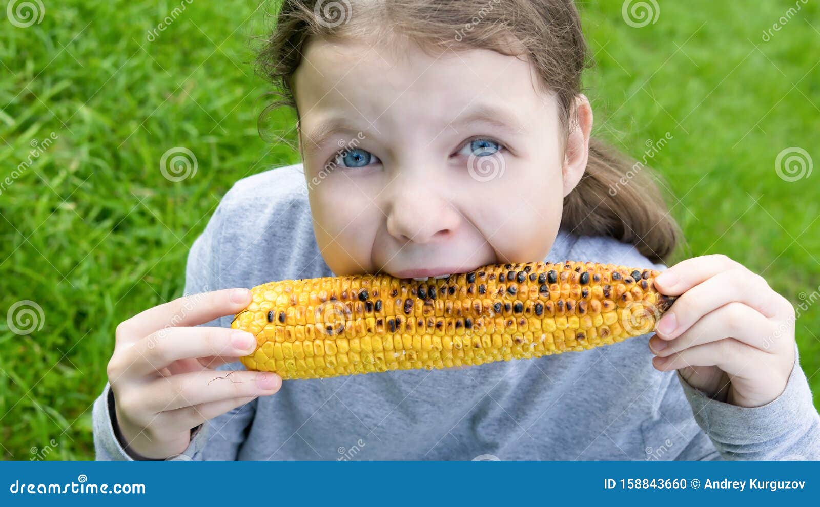 Girl Holds in Her Hands a Roasted Corn Cob and Bites Her Teeth Stock ...