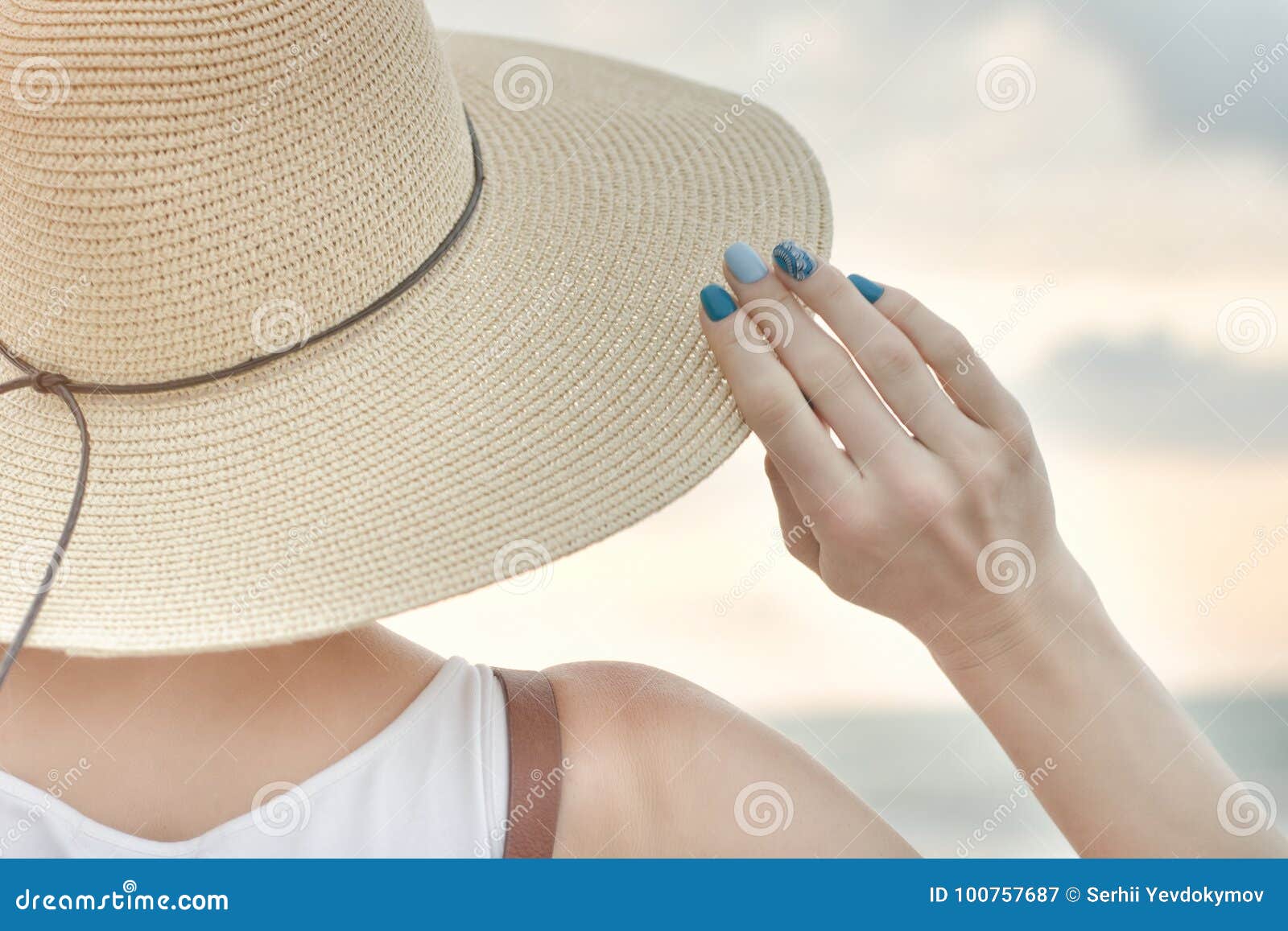 Girl Holds Her Hat with Her Hand. Close Up Stock Image - Image of ...