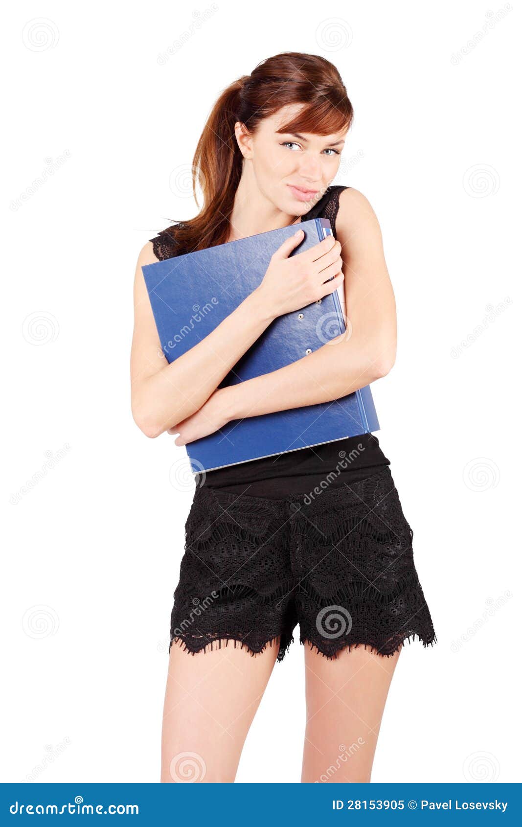 Girl Holds Large Blue Folder Isolated Stock Image - Image of elegant ...