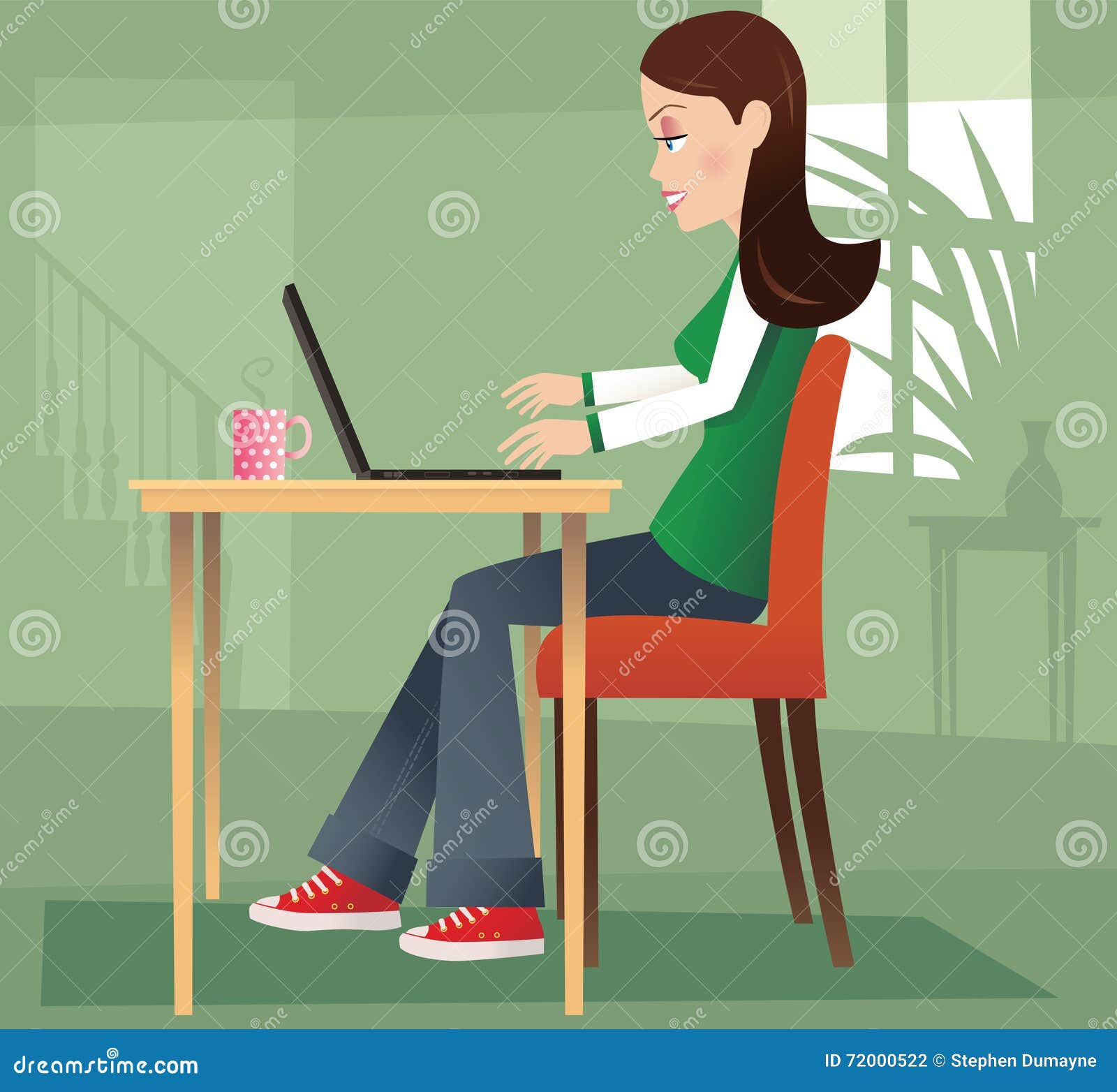 Girl at home on PC stock vector. Illustration of emailing - 72000522