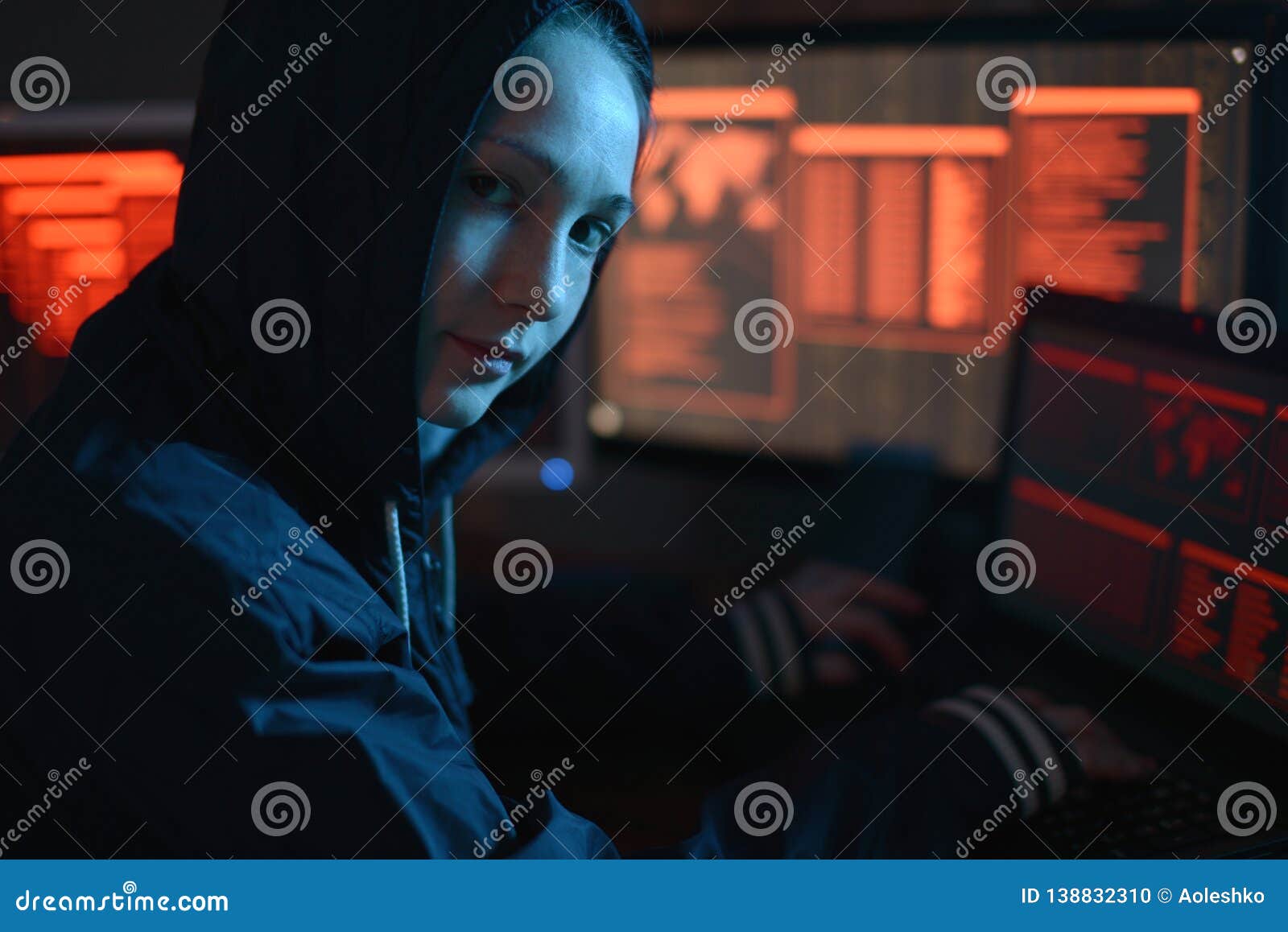 Girl In The Hood Looking In The Camera Hacker Attacks And Online Fraud On The Screen Background