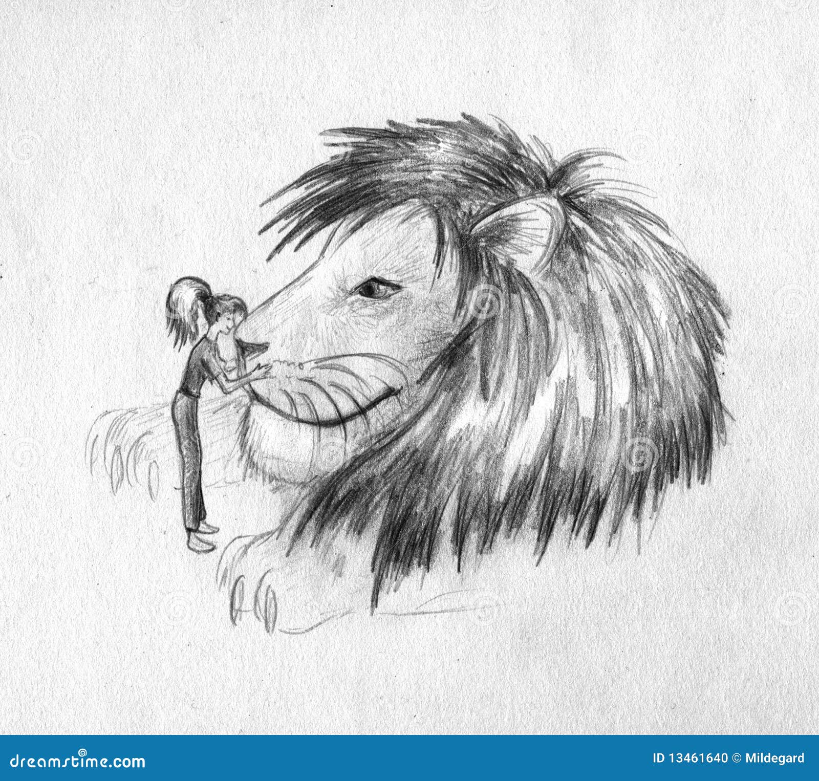 Girl and Huge Lion - Sketch Stock Illustration - Illustration of pencil ...