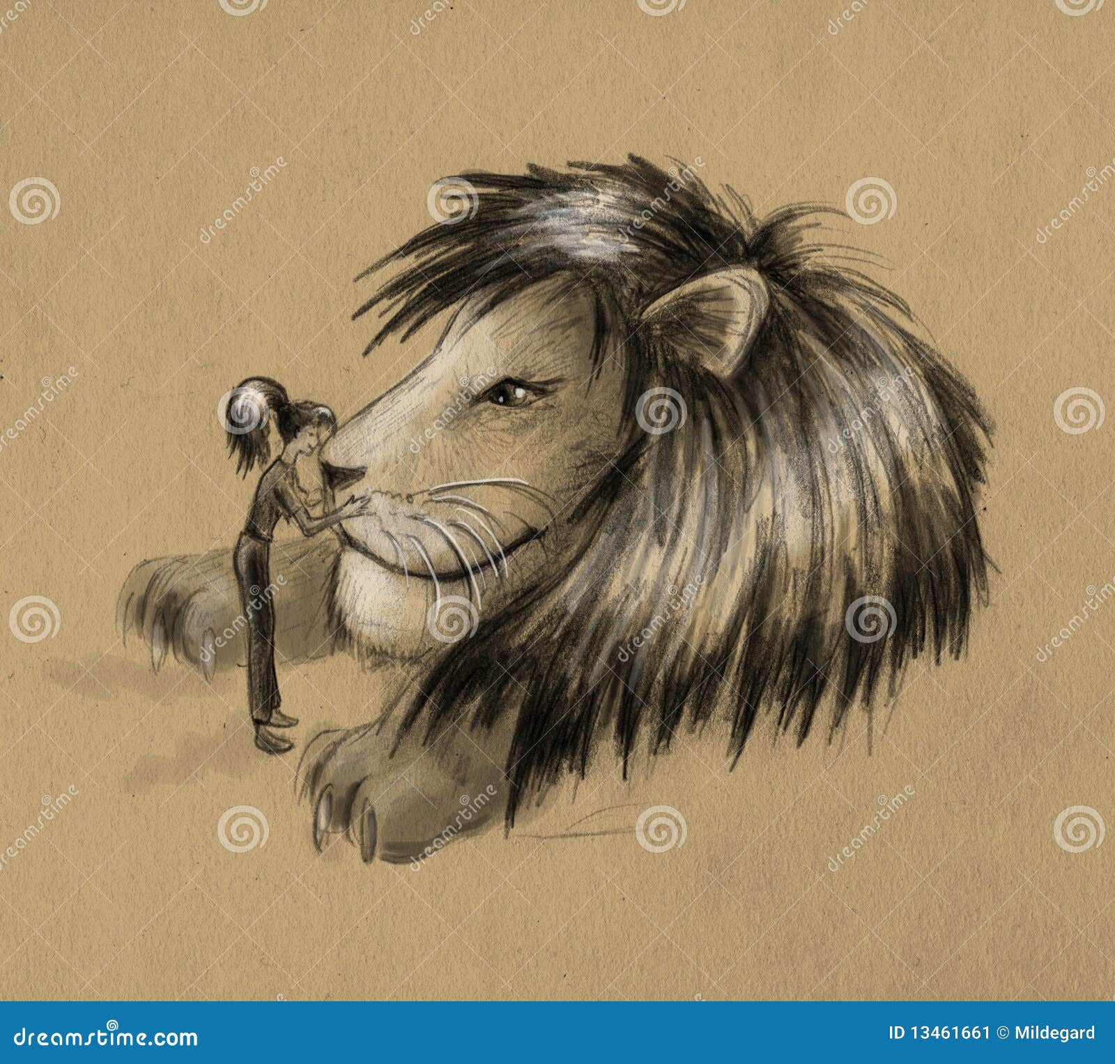 Girl and Huge Lion - Sketch Stock Illustration - Illustration of ...