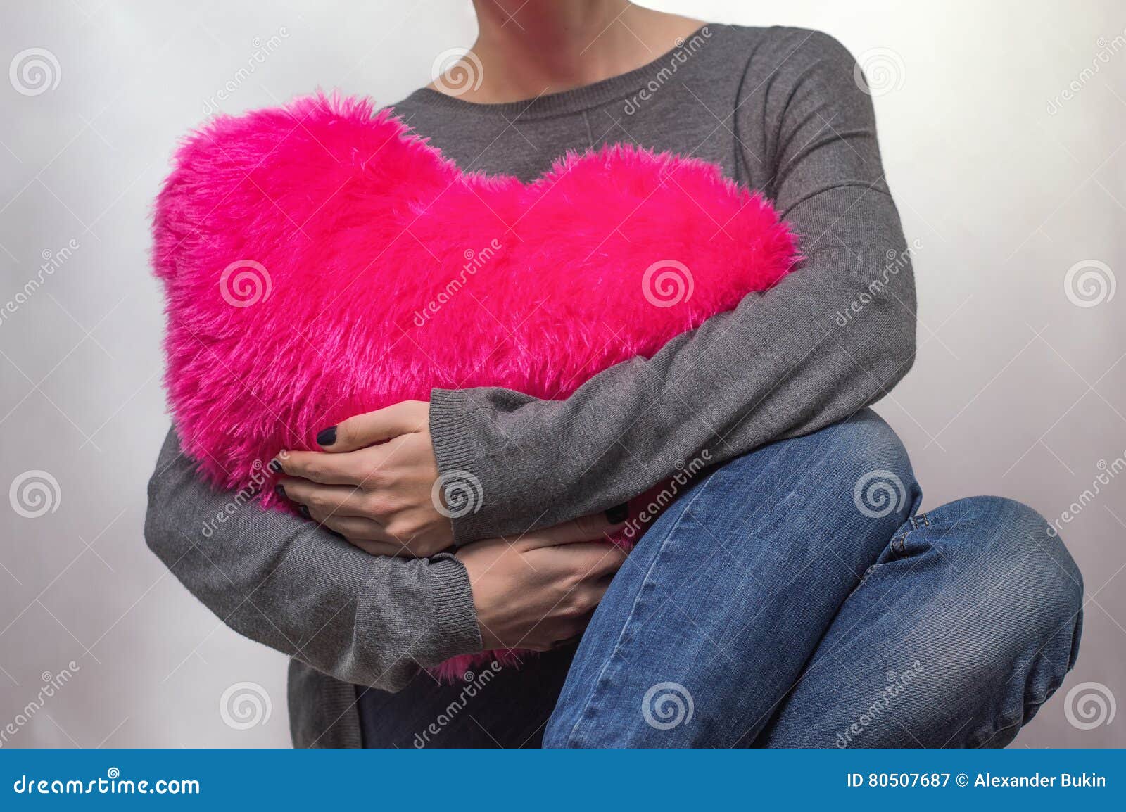 Girl Hugging Pillow Heart Crimson Stock Image - Image of peace, love ...