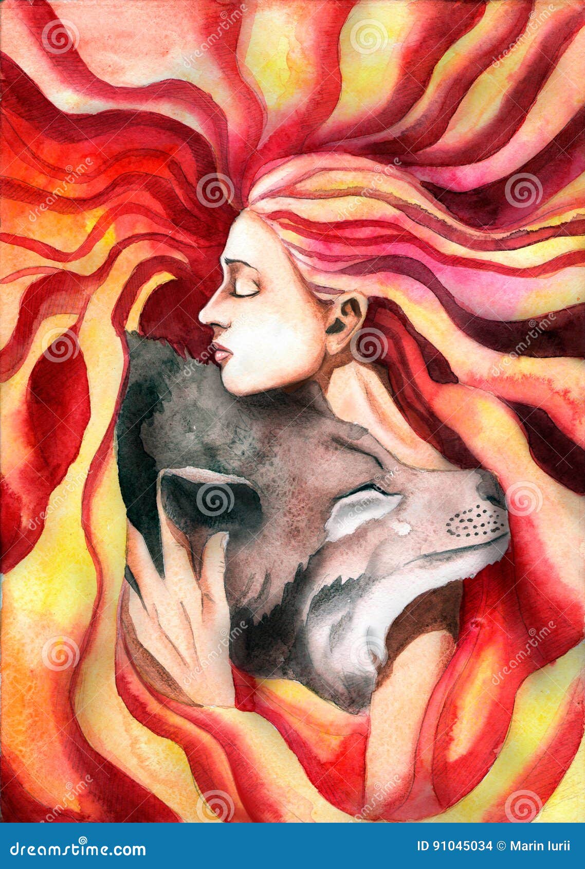 The girl hugging the wolf stock illustration. Illustration of closed ...