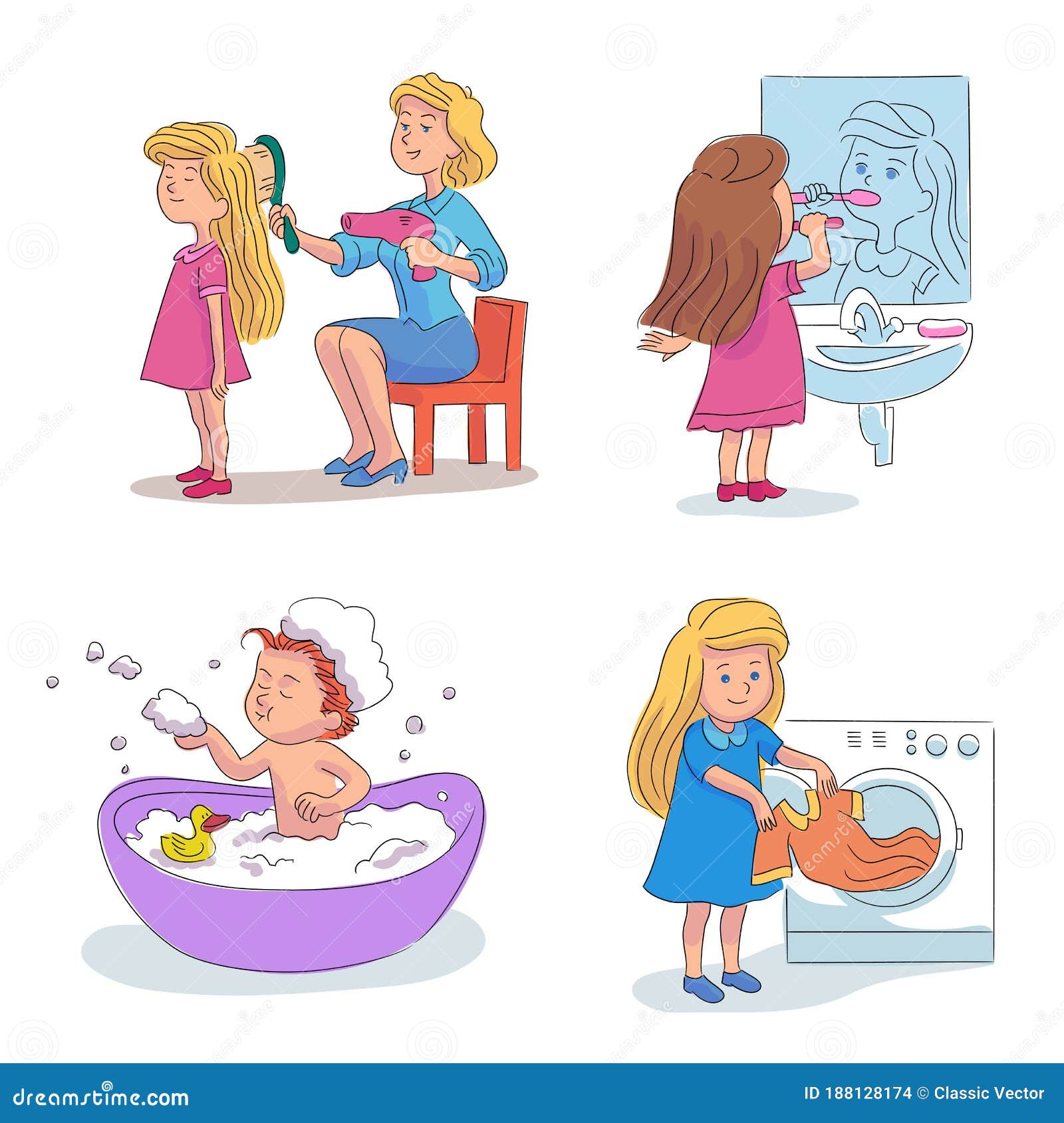 Girl Daily Hygiene Activities Cartoon Scenes Set Stock Vector