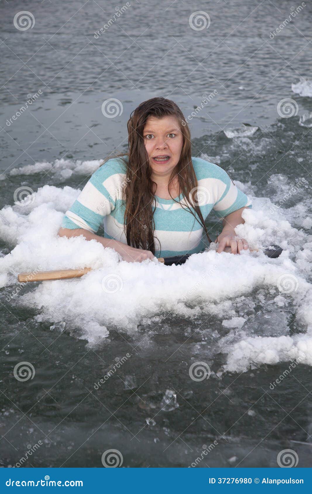 Girl in ice hole scared stock photo. Image of portrait - 37276980