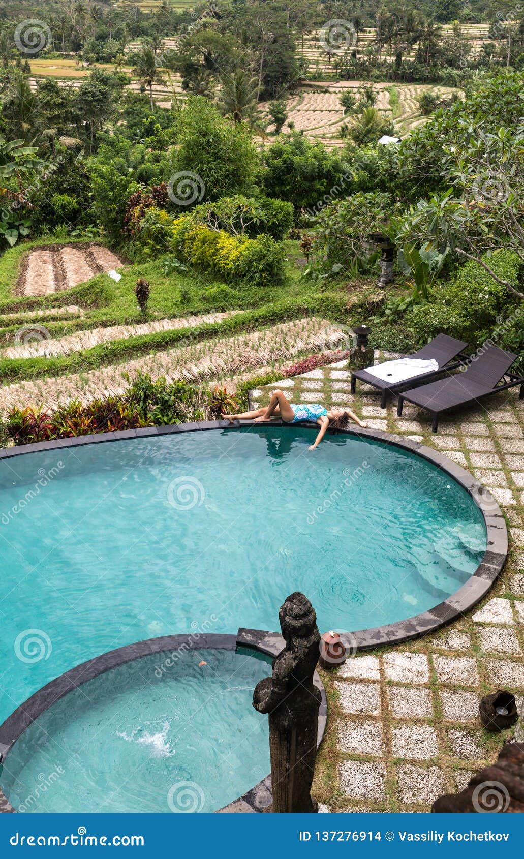 Girl in Infinity Pool Towards Jungle with Palmtrees. Stock Photo ...