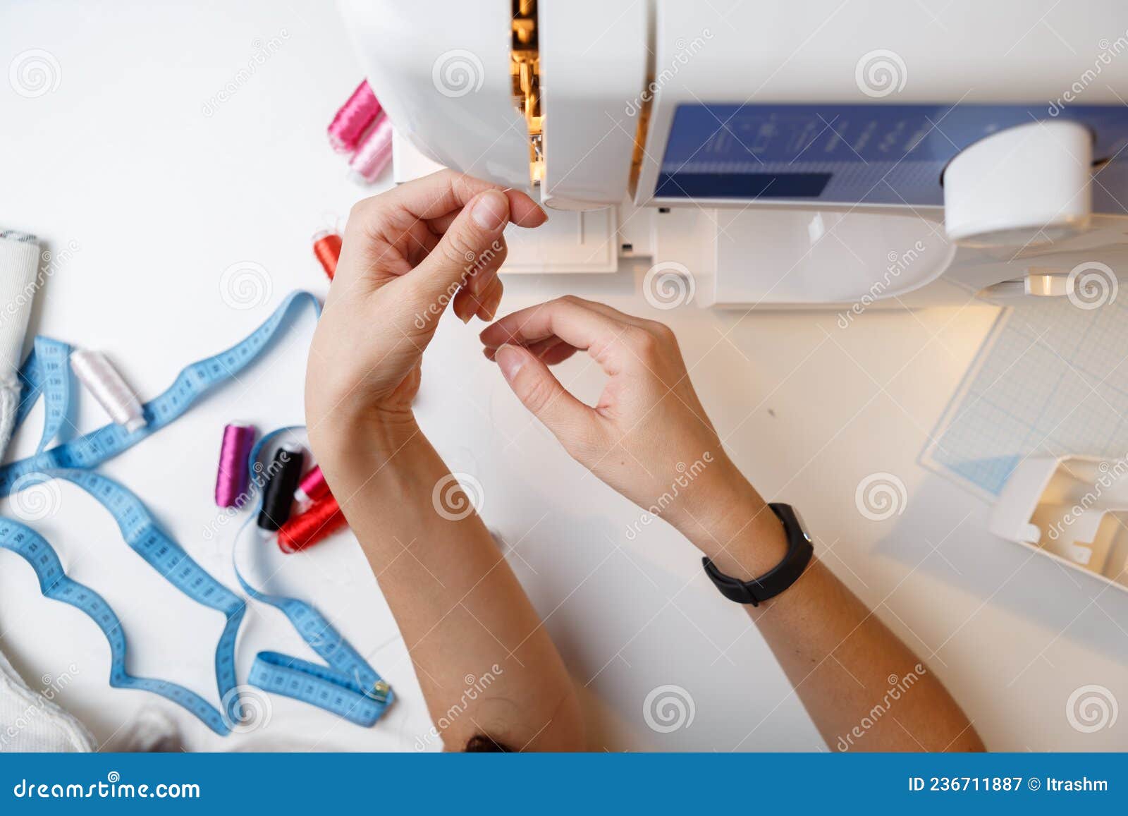 Girl Inserts Thread in Sewing-machine Stock Image - Image of rough ...