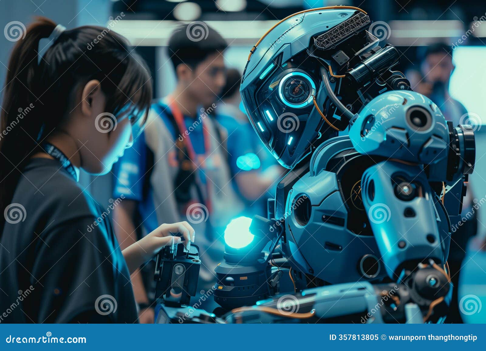 Girl Interact with Engineering Humanoid in Robot Science Fair Project ...