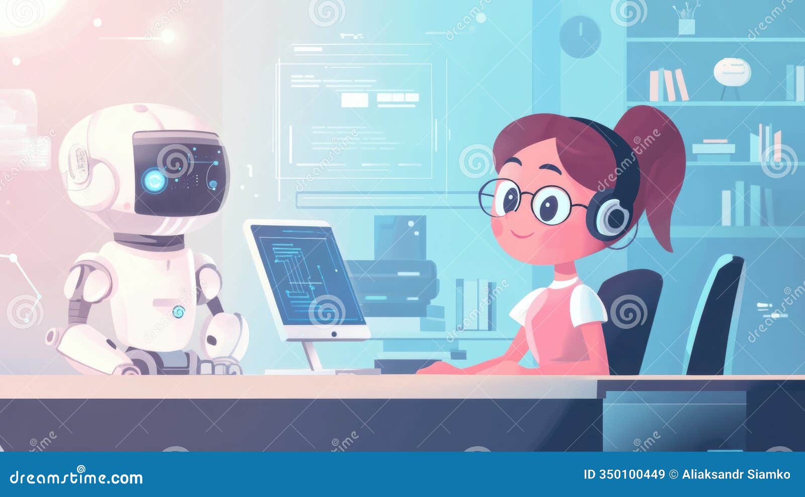 Girl Interacts with a Friendly Robot at a Computer Desk Stock ...