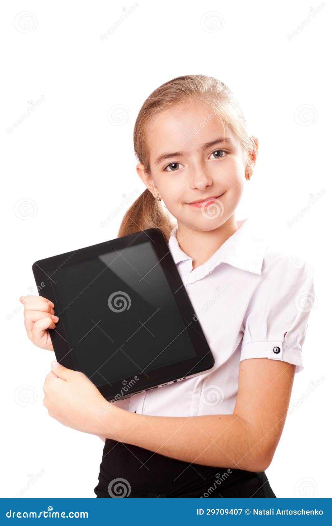 Girl with ipad like gadget stock image. Image of education - 29709407