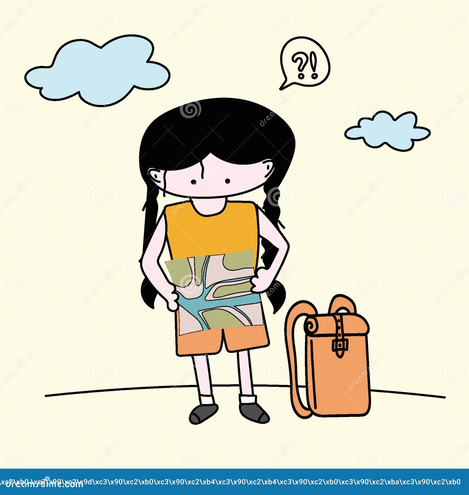 Girl on a Journey is Looking for a Way on the Map. Stock Vector ...