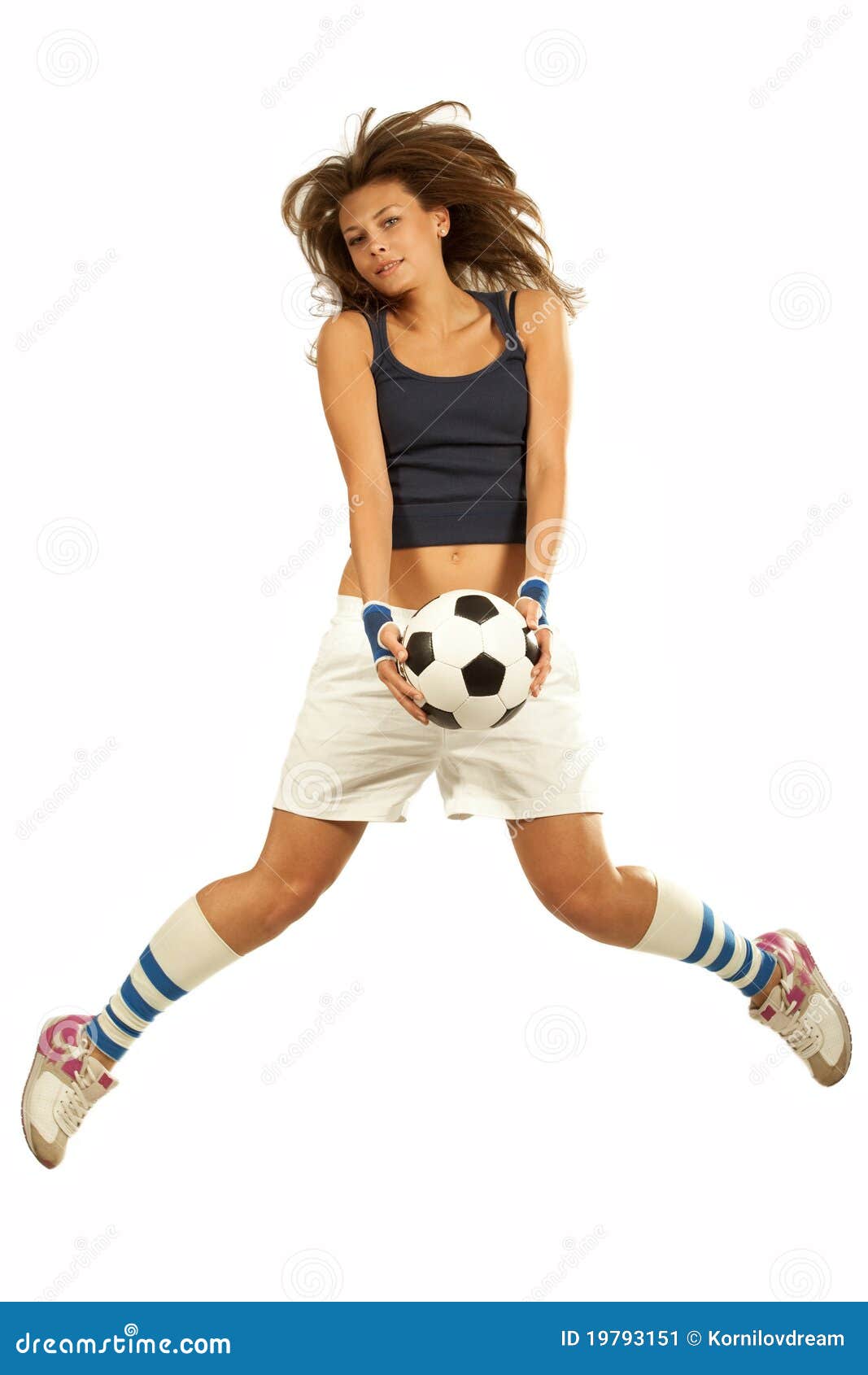 Girl Jumpig with Soccer Ball Stock Image - Image of female, leggings ...