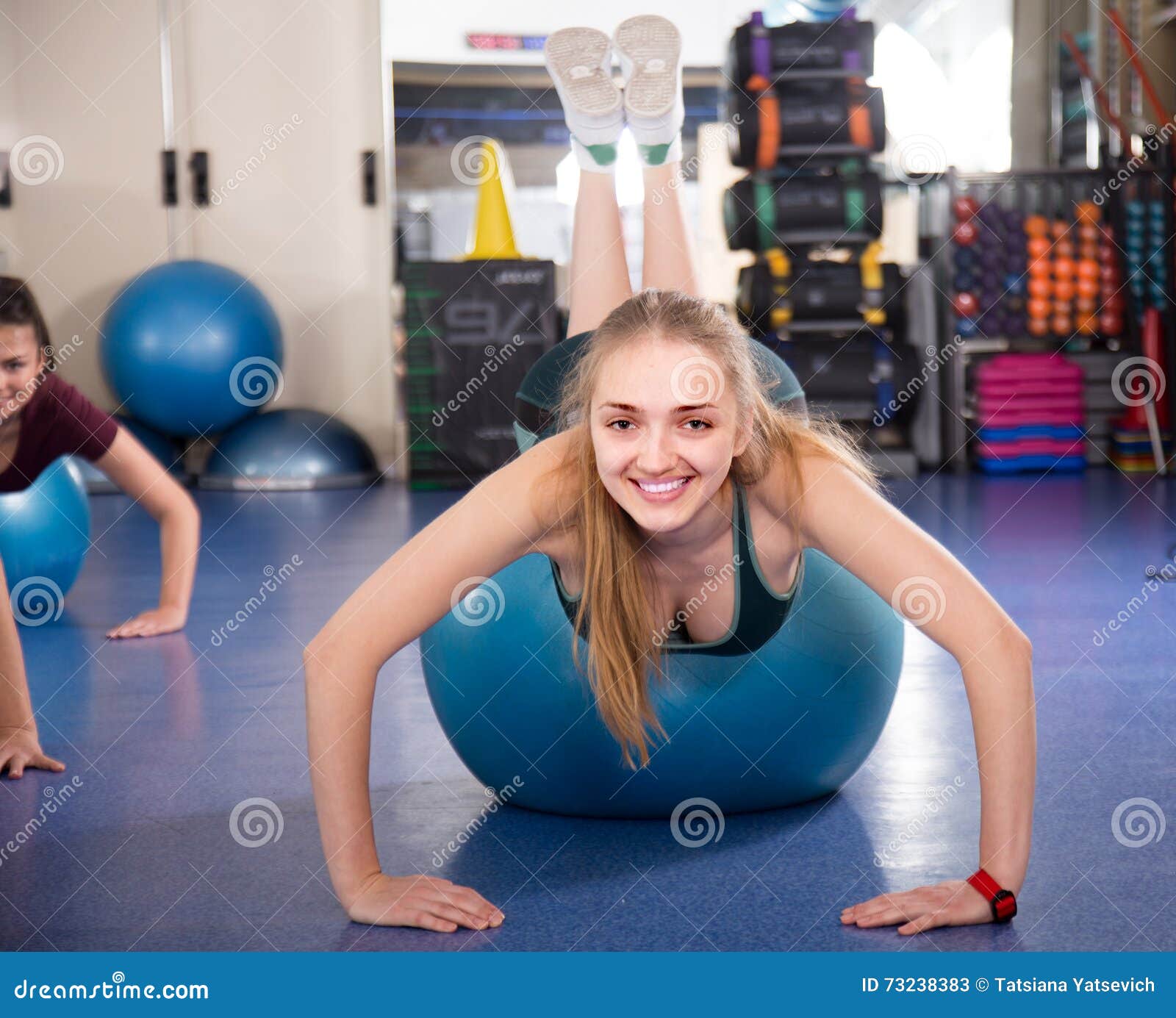 Girl Jumping on Exercise Ball Stock Image - Image of cardio, european ...