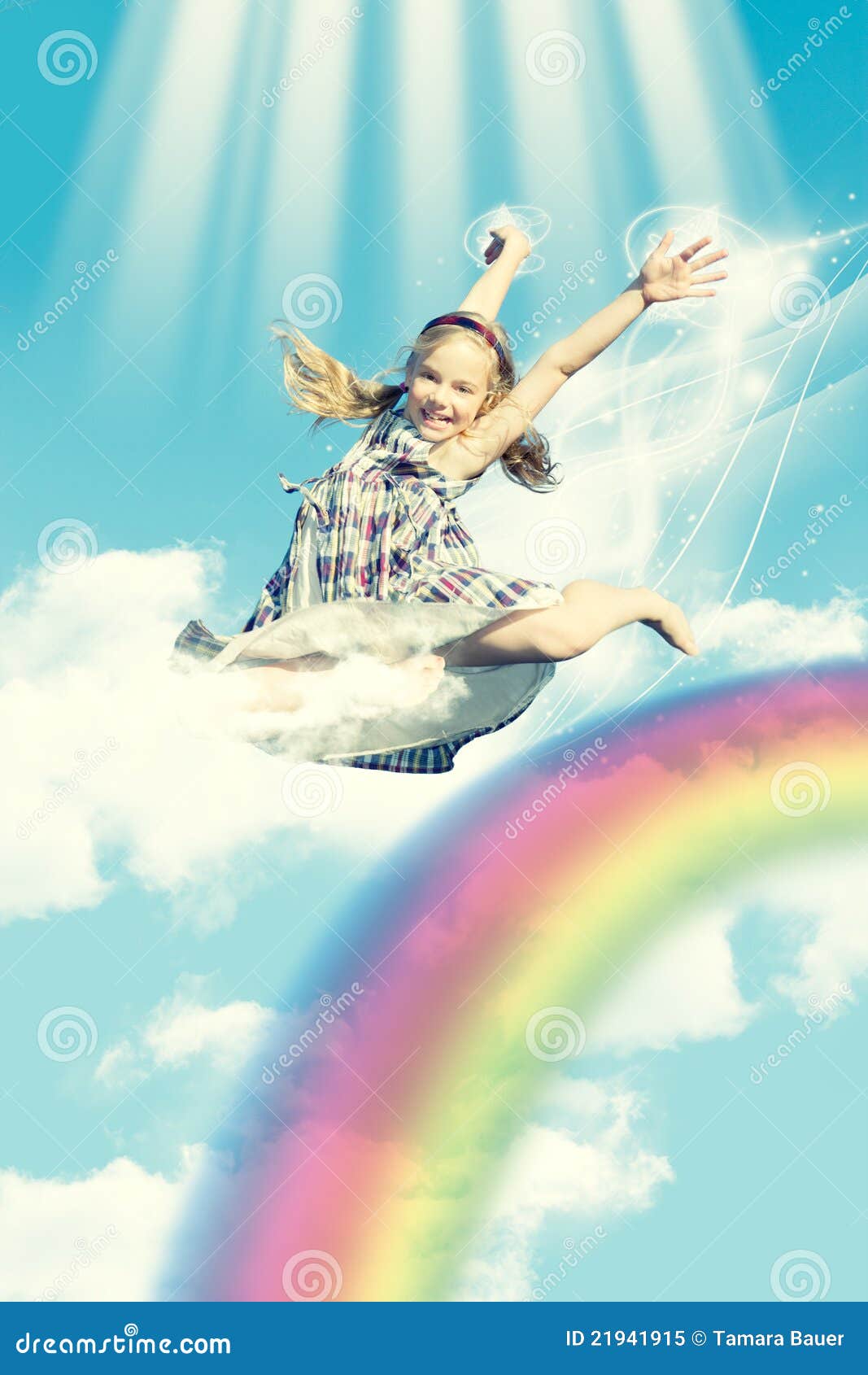 Girl jumping over rainbow stock image. Image of sparkles - 21941915