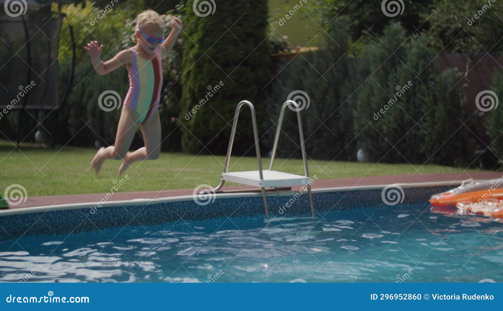 Girl Jumping into Pool Outdoors Stock Footage - Video of girl, garden ...
