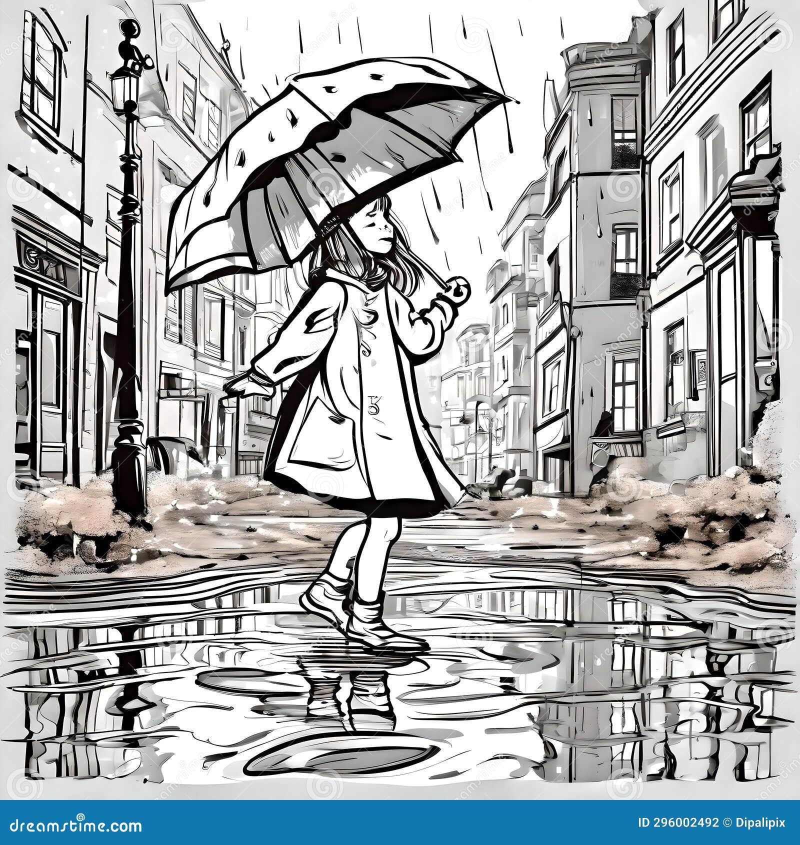 A Girl Jumping in the Puddle Stock Illustration - Illustration of ...