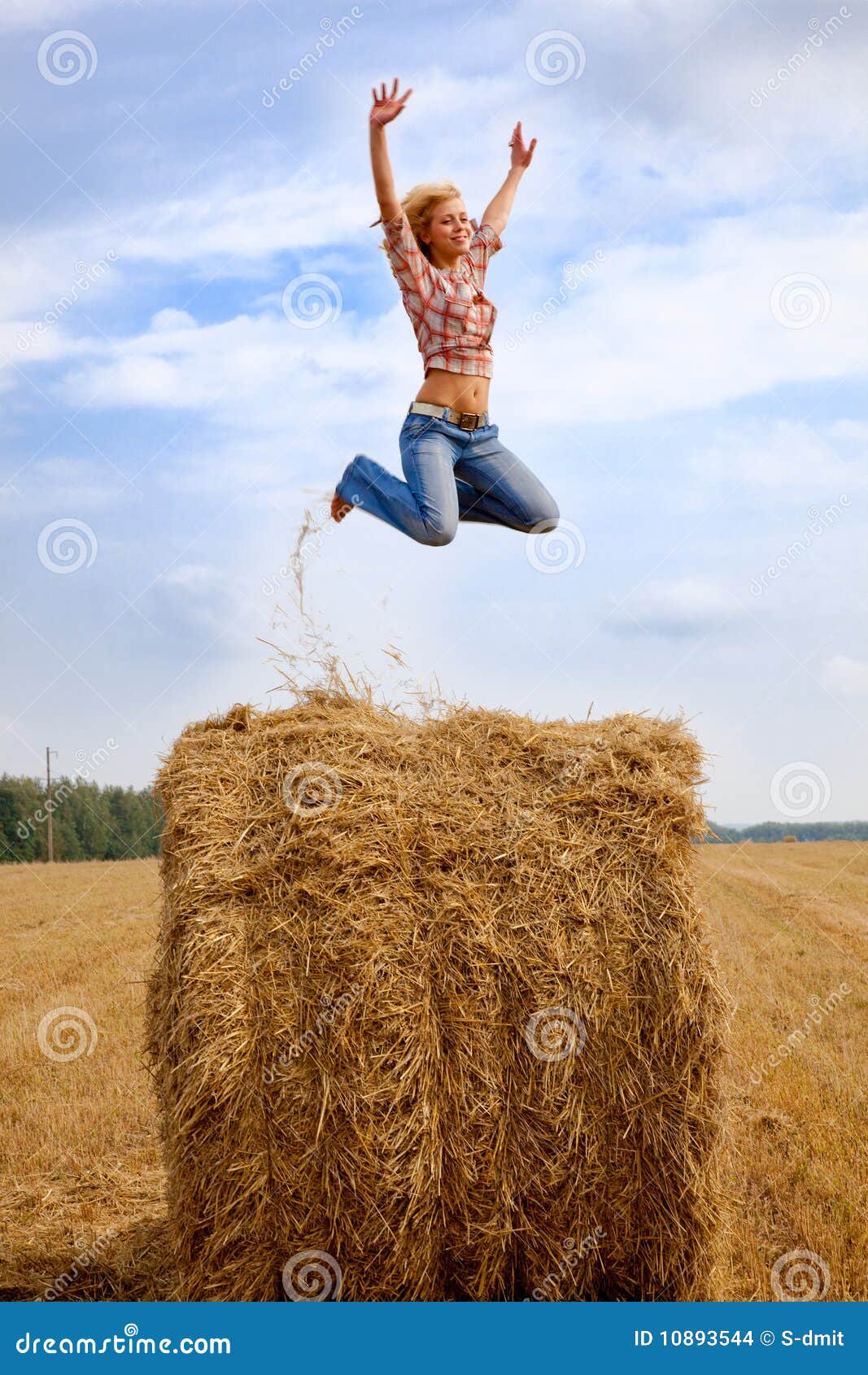 Girl Jumping Up on Straw Roll Stock Photo - Image of smiling, harvest ...