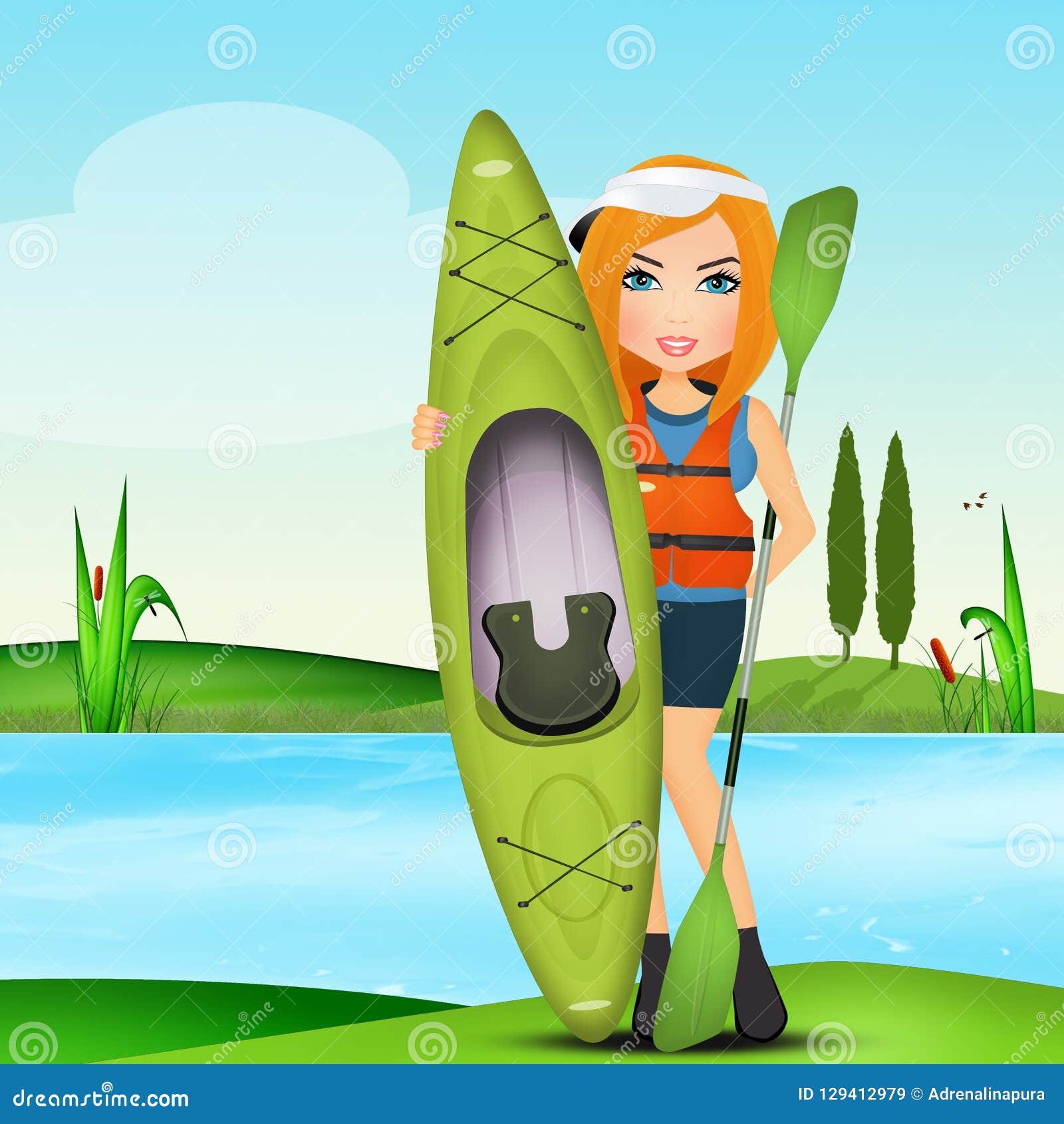 Girl with a kayak on river stock illustration. Illustration of kayak ...