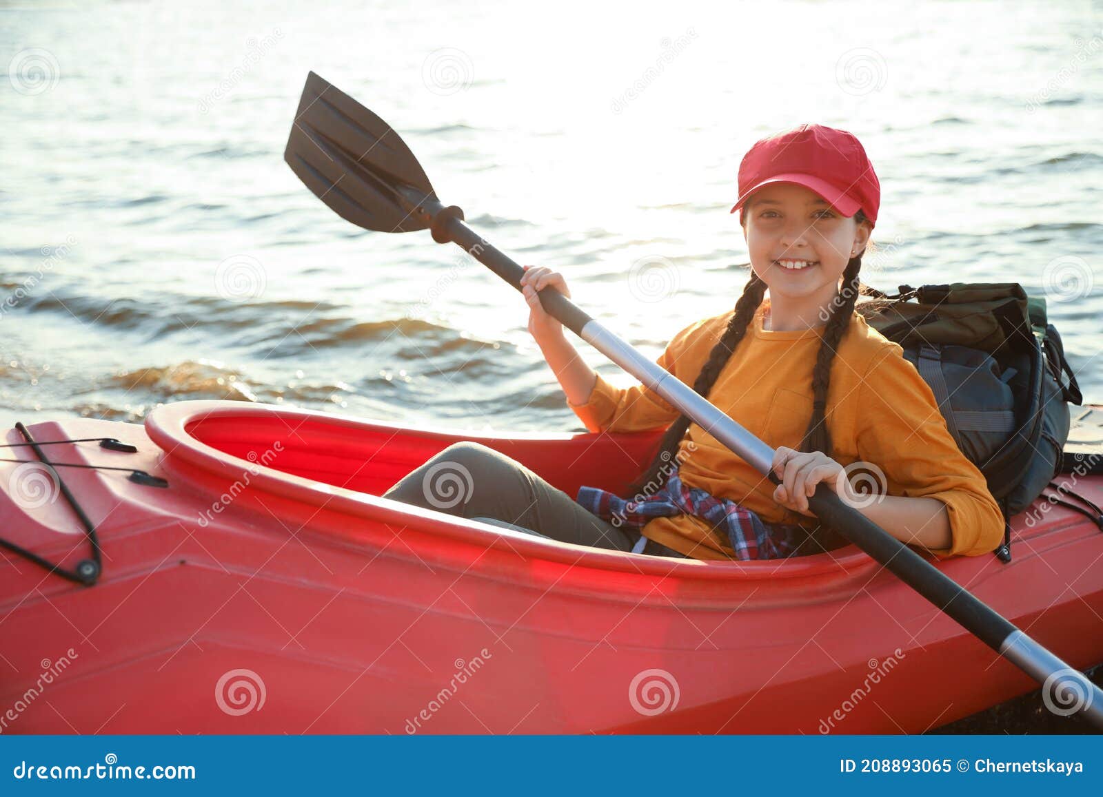 Happy Girl Kayaking on River. Summer Camp Activity Stock Image - Image ...