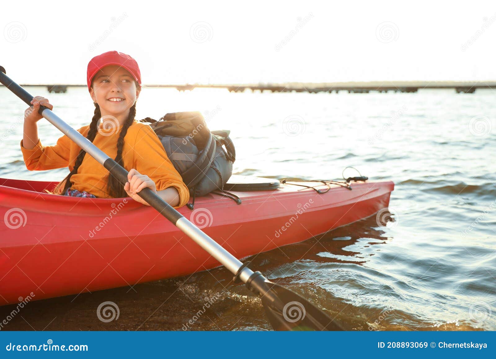 Happy Girl Kayaking on River. Summer Camp Activity Stock Image - Image ...