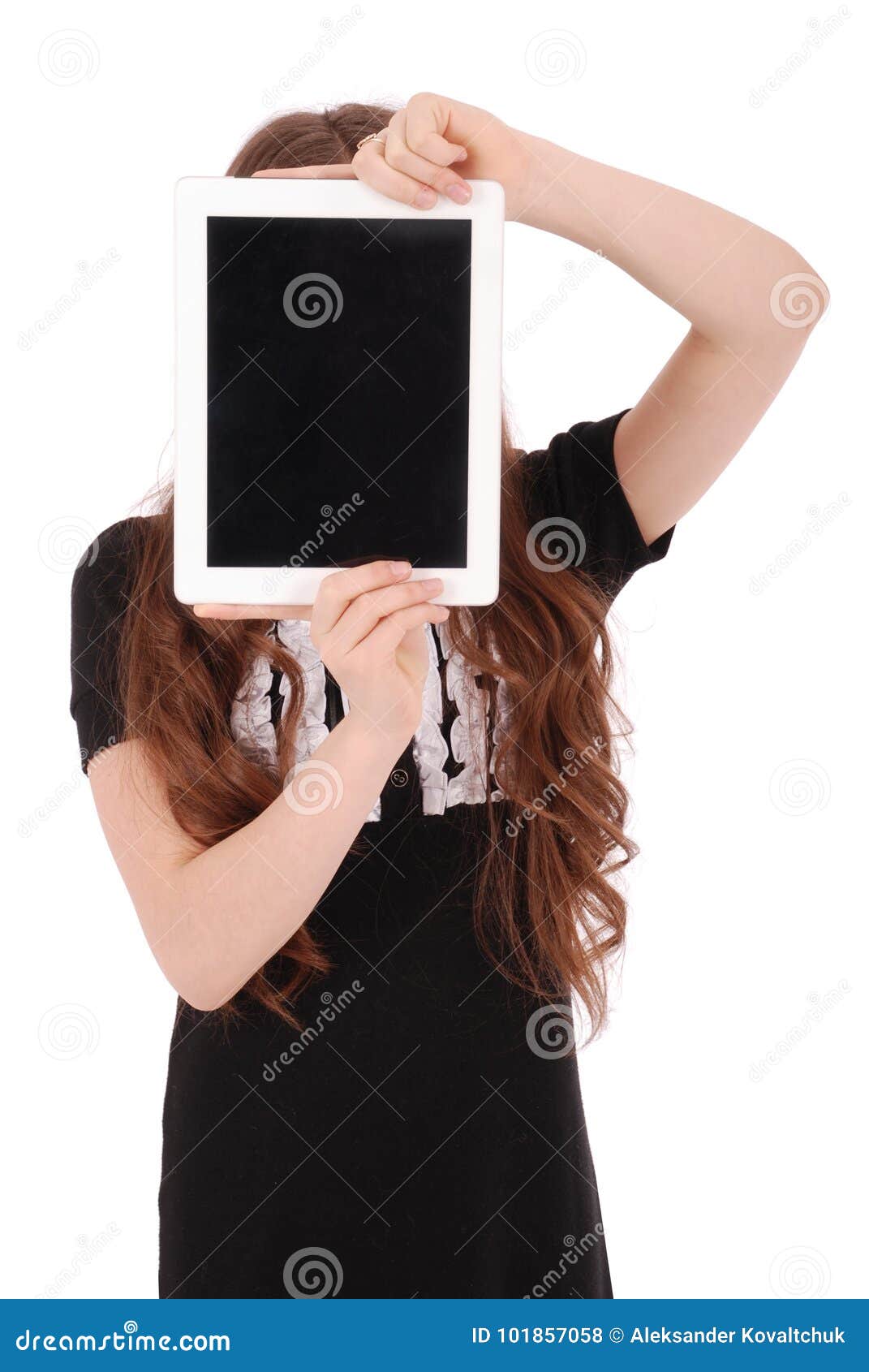Girl Keeps Tablet Pc in Front of Face Stock Photo - Image of young ...