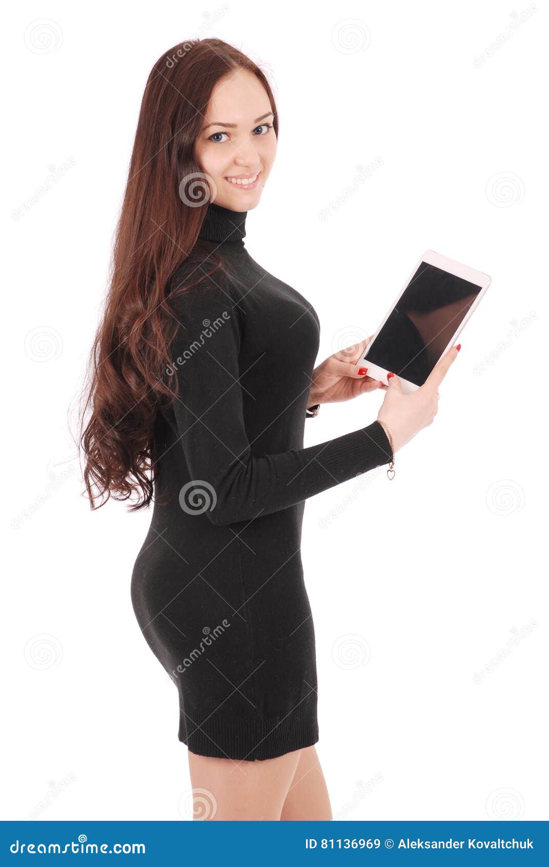 Girl Keeps White Tablet Pc Standing Sideways Stock Image - Image of ...