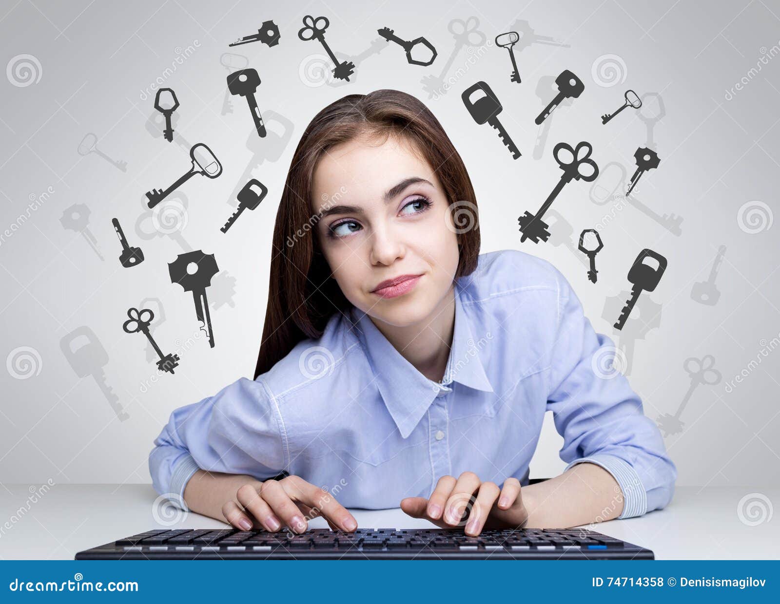 Girl with Keyboard Looking for Solution Stock Photo - Image of people ...