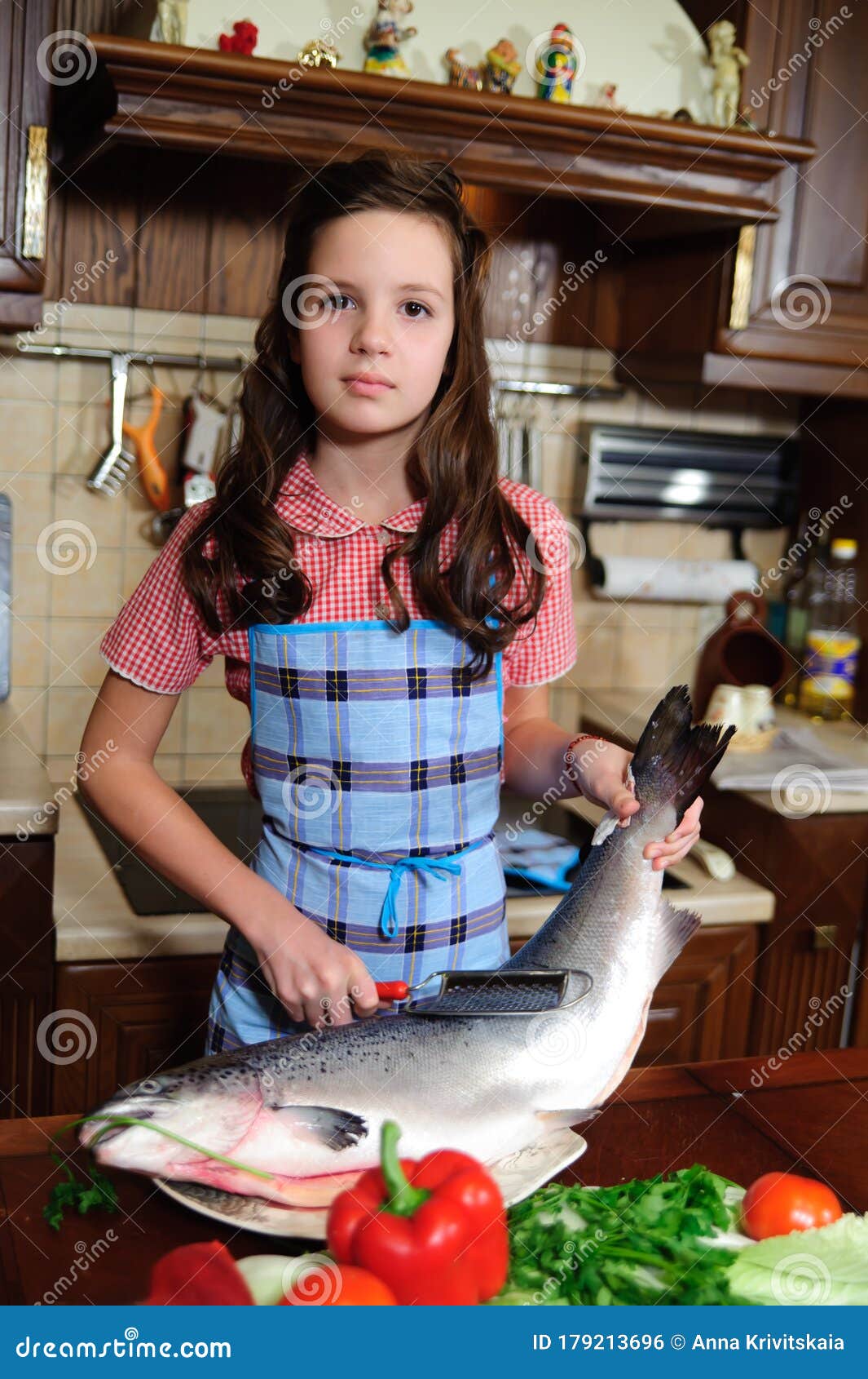 Girl in the Kitchen with Fish Stock Photo - Image of interior, happy ...