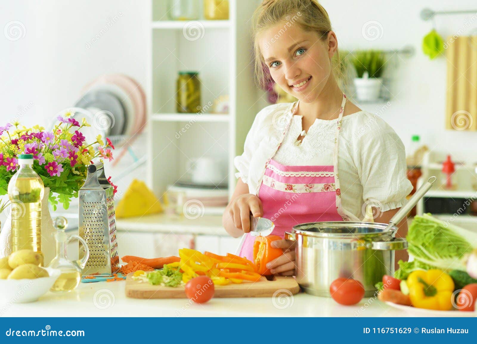 The girl in the kitchen stock image. Image of morning - 116751629
